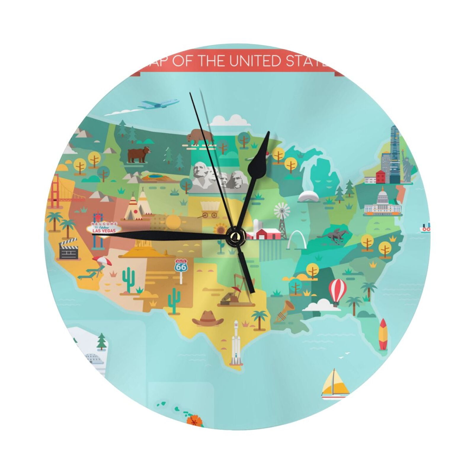 Wall Clock - USA Tourist Map Famous Landmarks 9.8 Inch Silent Non ...