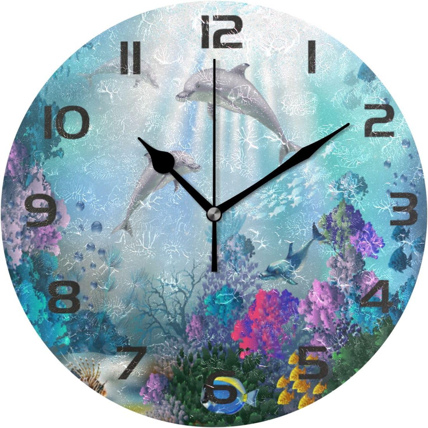 Wall Clock Underwater World Dolphins 10 Inch Silent Non Ticking Quality ...