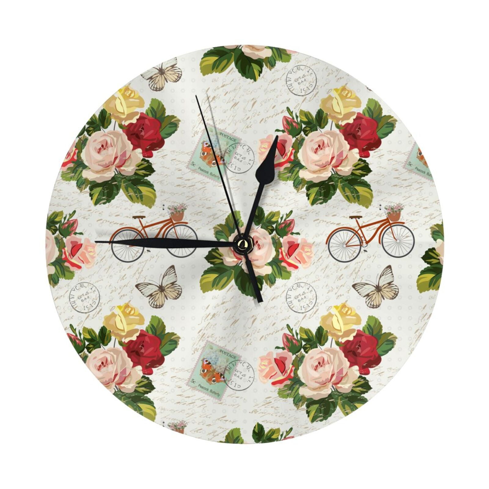 Wall Clock, Vintage Bike Flower Butterfly Wall Clocks Battery Operated ...