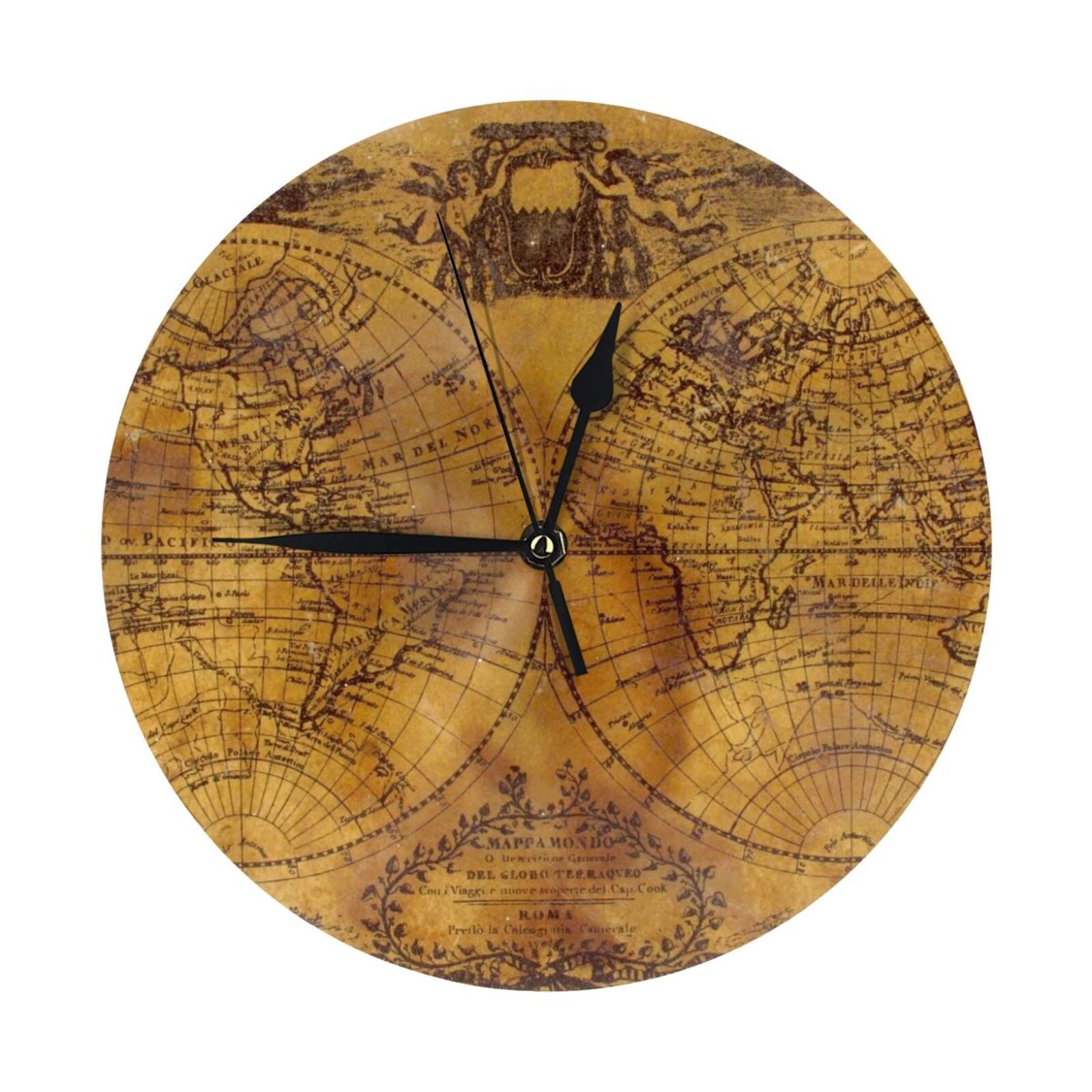 Wall Clock, Vintage Map Wall Clocks Battery Operated Silent Kitchen ...