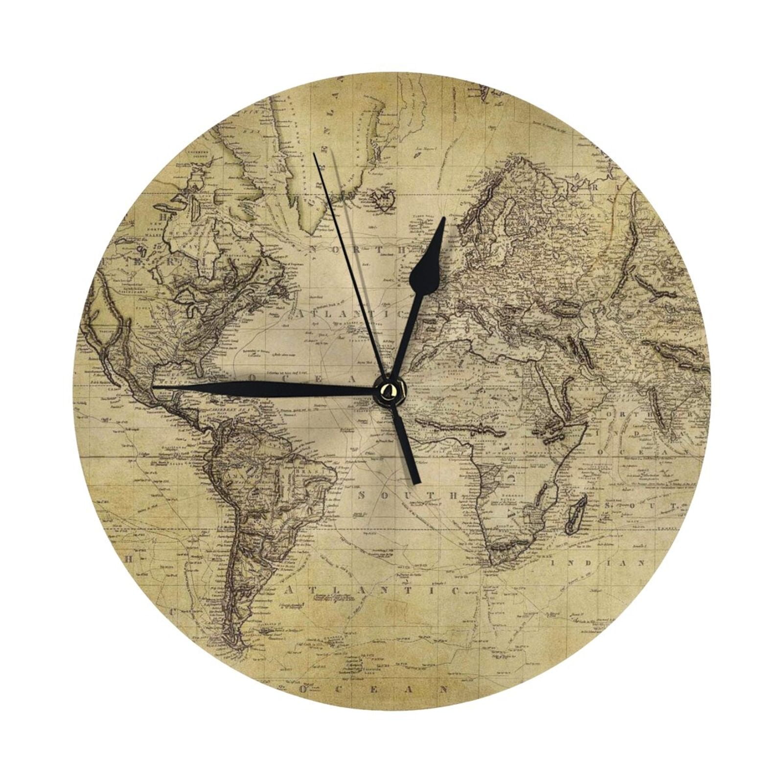 Wall Clock, Vintage World Map Wall Clocks Battery Operated Silent ...