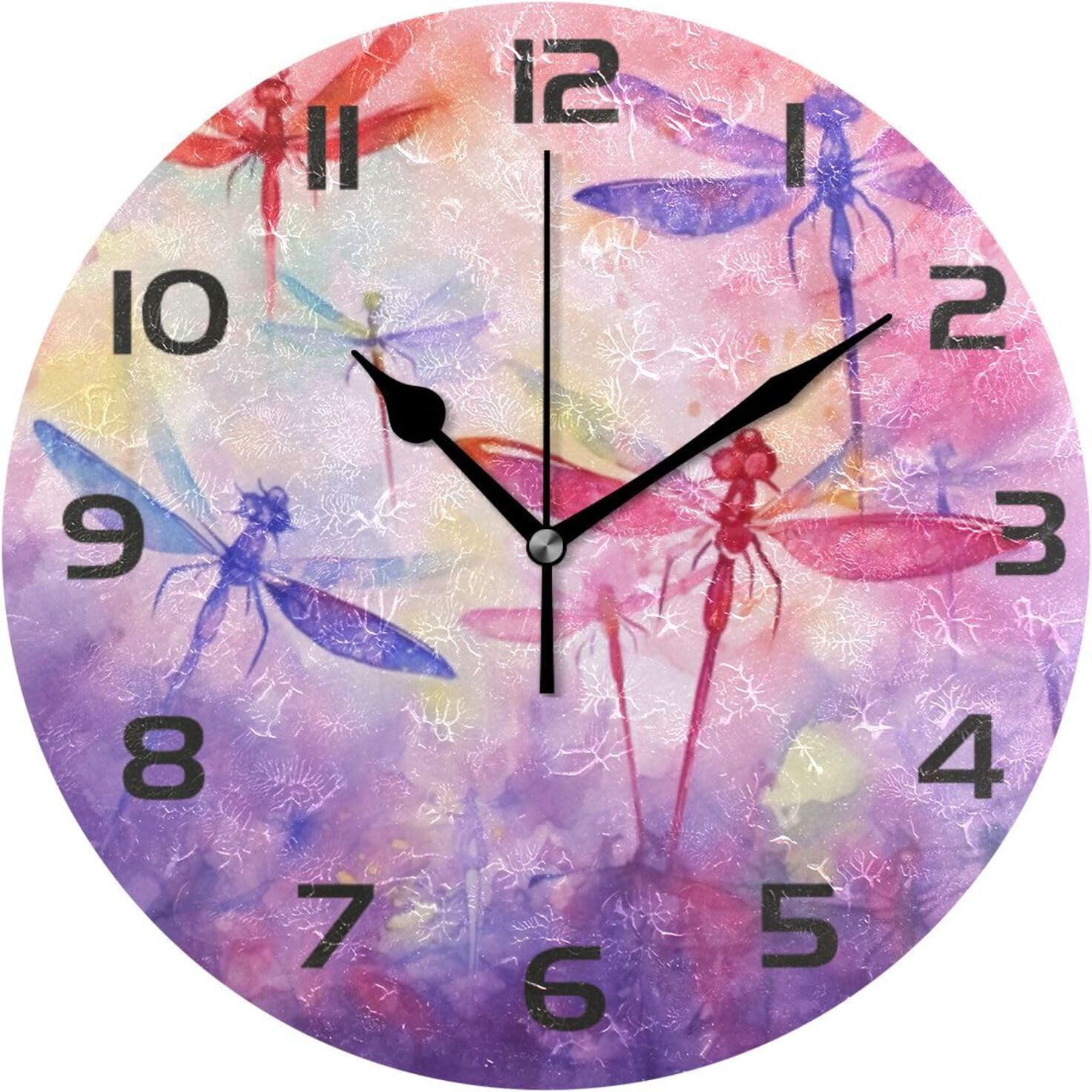 Wall Clock Watercolor Dragonflies 10 Inch Silent Non Ticking Quality ...