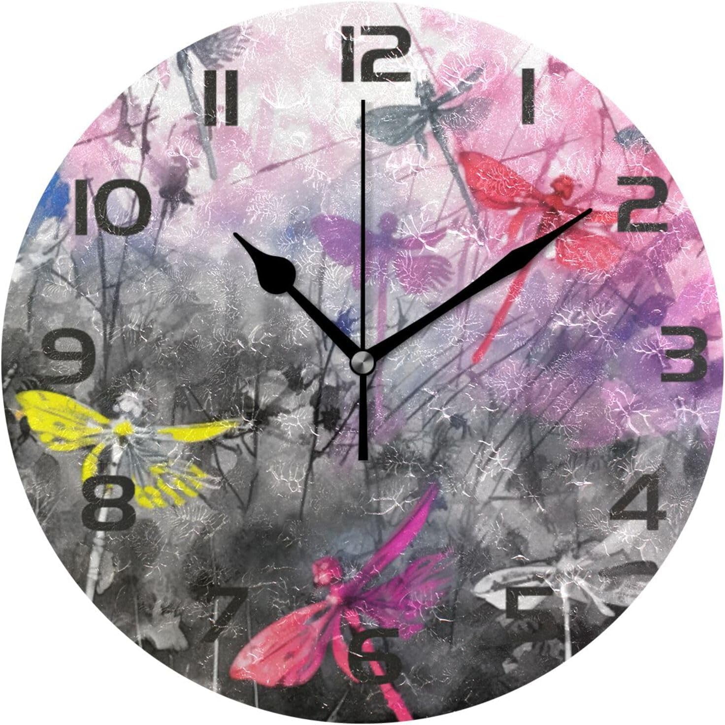 Wall Clock Watercolor Dragonflies 10 Inch Silent Non Ticking Quality ...