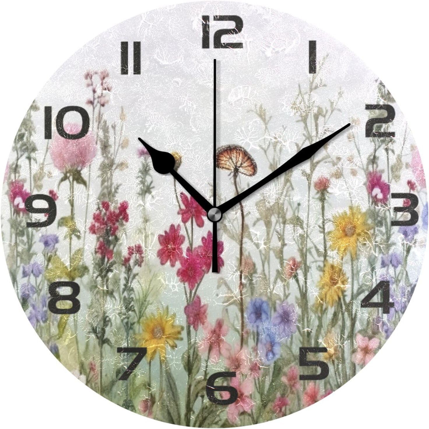 Wall Clock Watercolor Flower 10 Inch Silent Non Ticking Quality Quartz ...