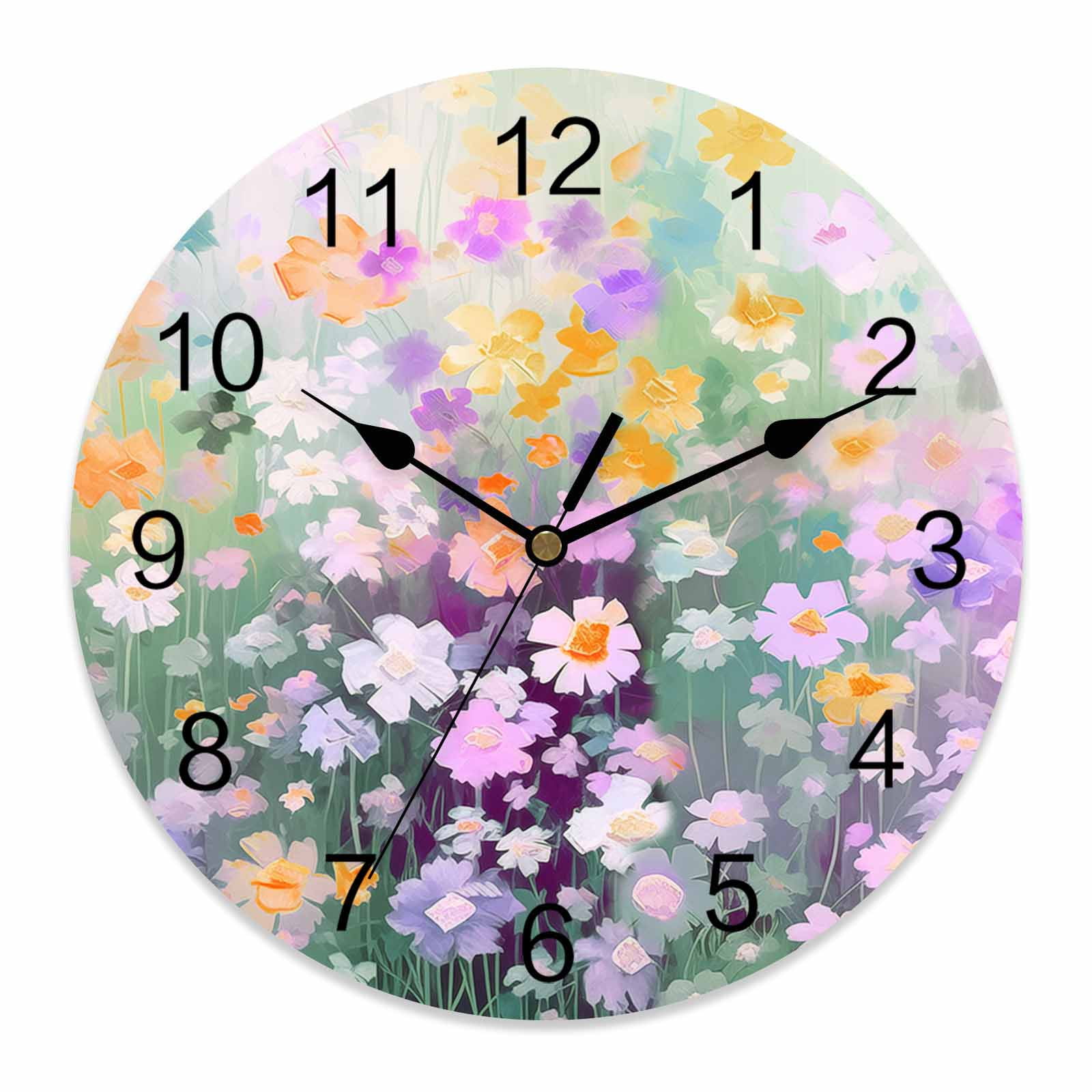 Wall Clock Watercolor Flower Floral Clocks PVC Silent Non-Ticking ...
