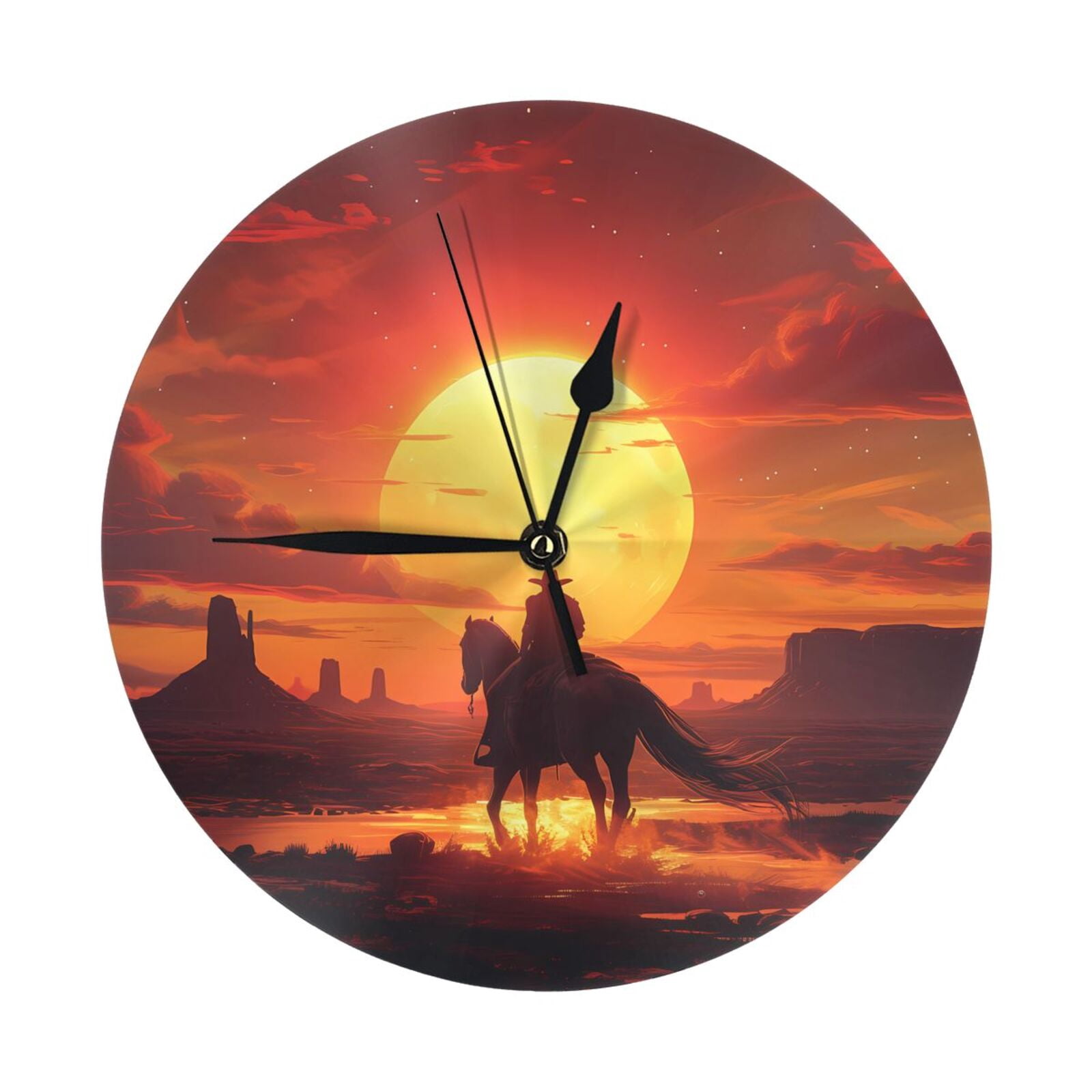 Wall Clock - Western Cowboy Sunset 9.8 Inch Silent Non Ticking Modern ...