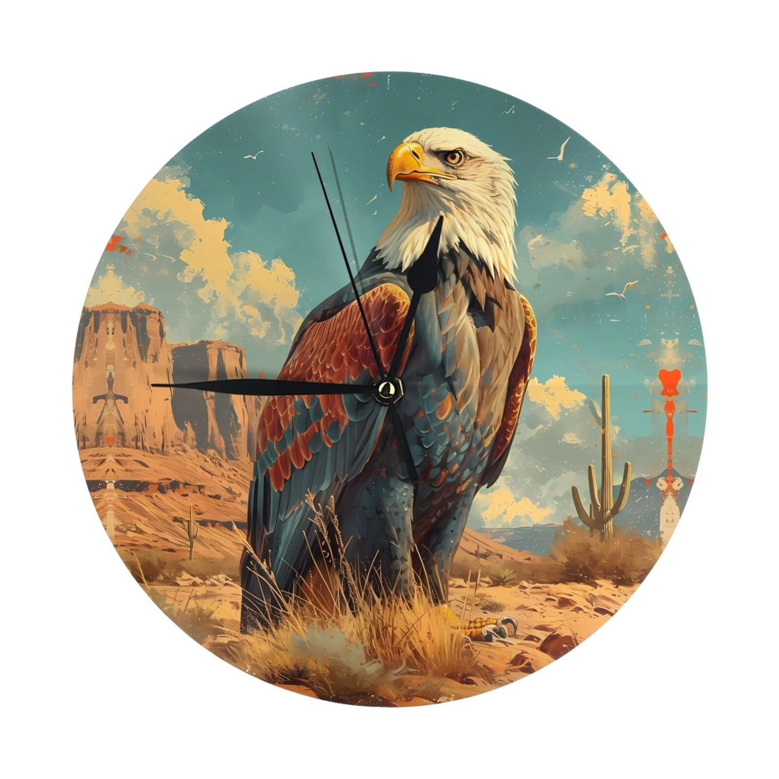 Wall Clock, Western Desert Cactus Bald Eagle Wall Clocks Battery ...