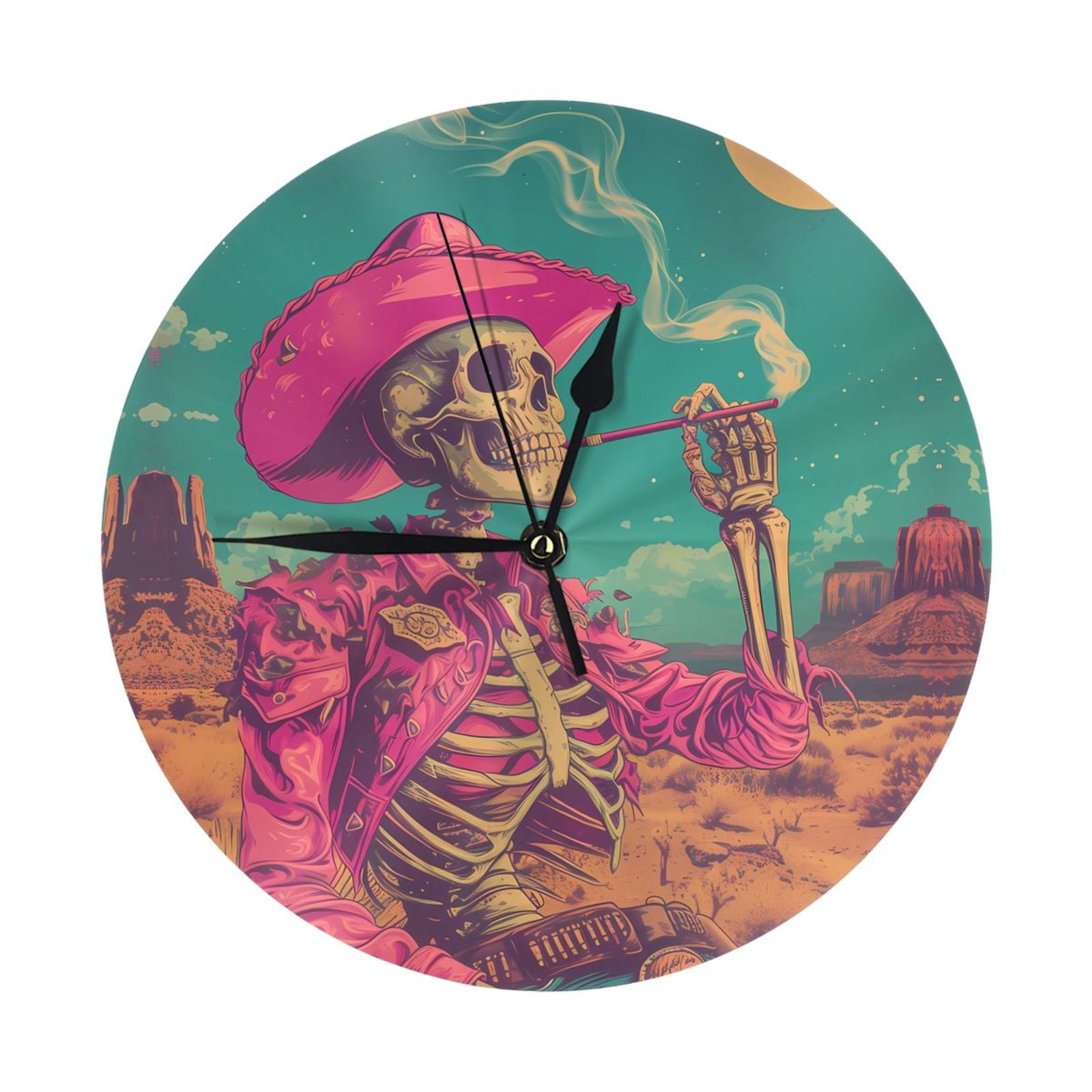Wall Clock, Western Desert Pink Skull Cowboy Wall Clocks Battery ...