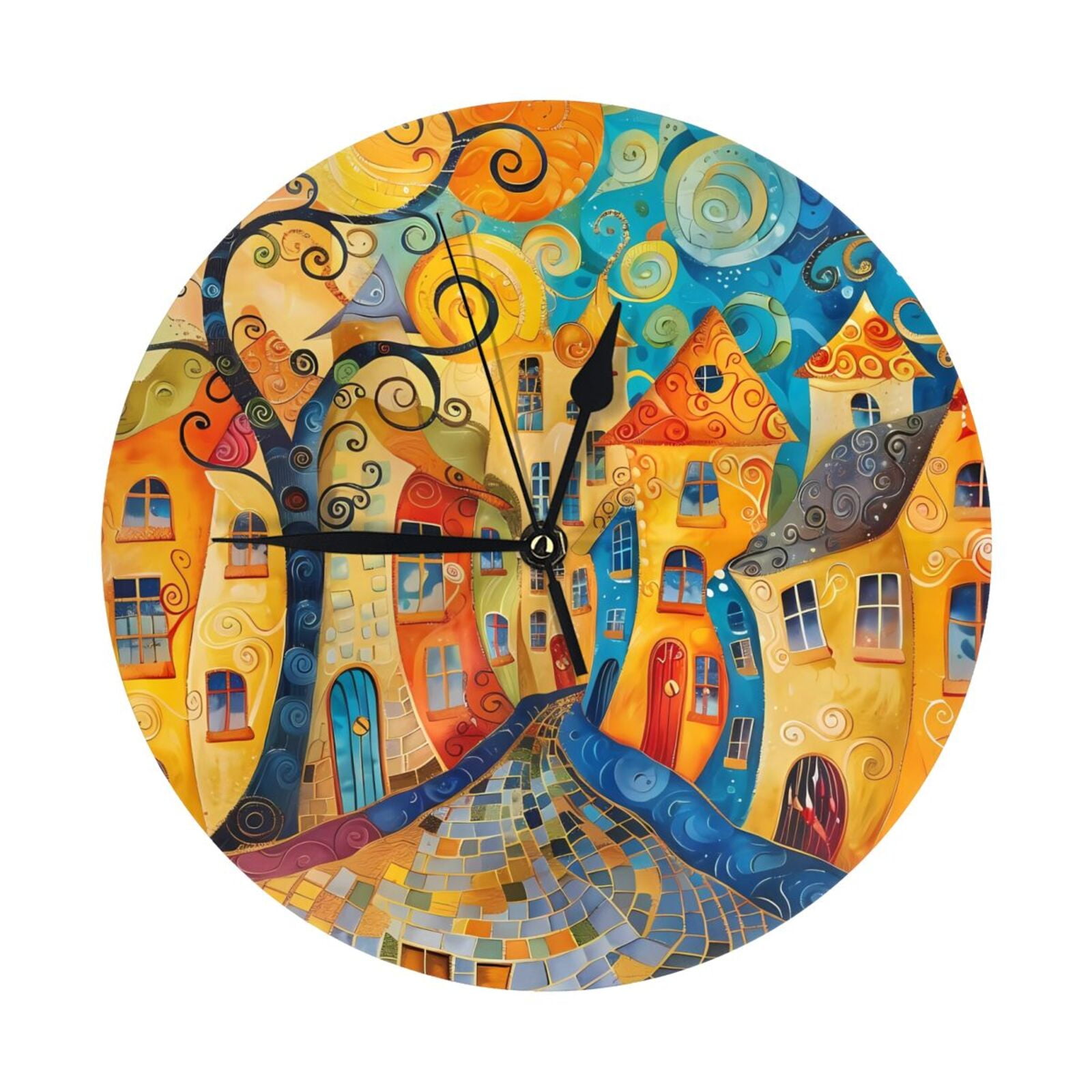 Wall Clock, Whimsical Colorful Village Scene Wall Clocks Battery ...