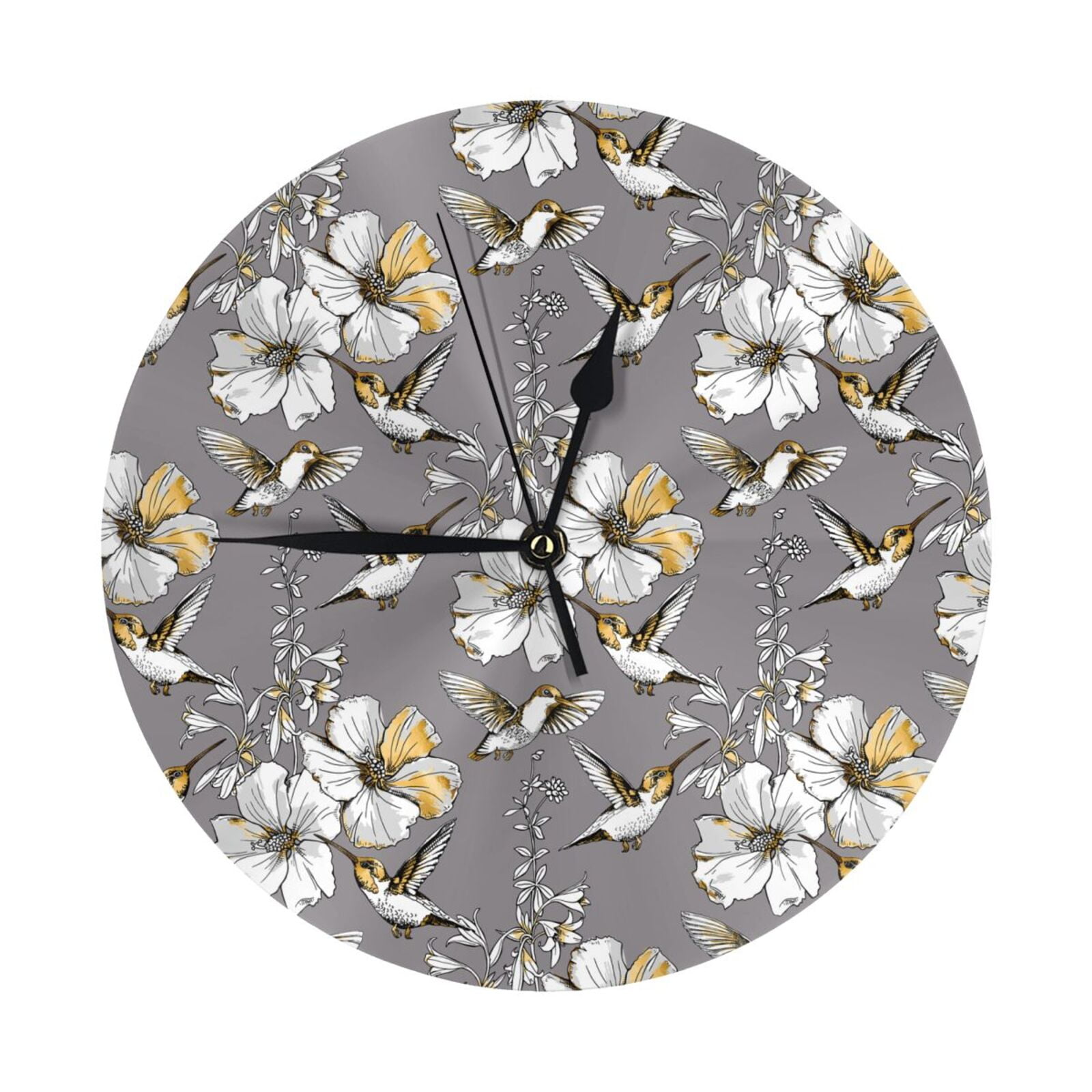 Wall Clock, White Flowers Hummingbird Gray Wall Clocks Battery Operated ...