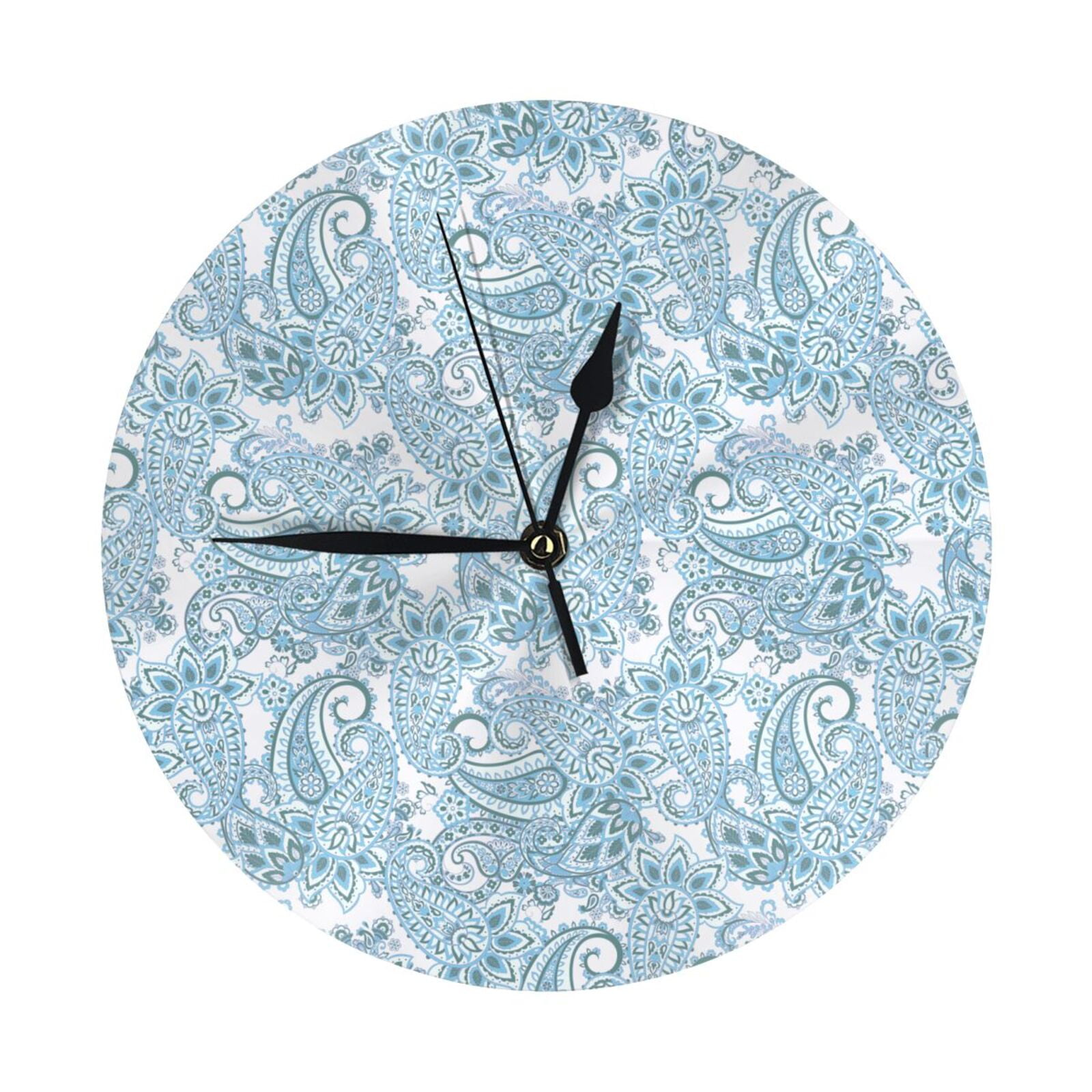 Wall Clock, White Light Blue Paisley Pattern Wall Clocks Battery ...