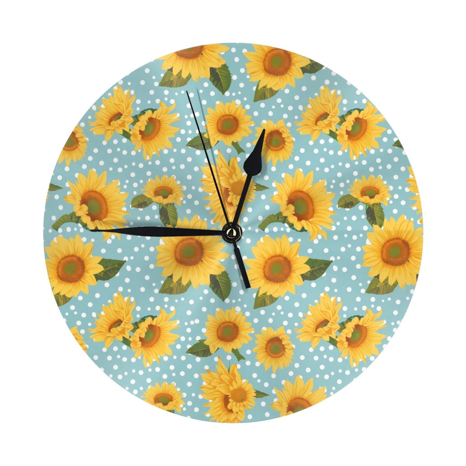 Wall Clock, White Polka Dot Sunflower Wall Clocks Battery Operated ...
