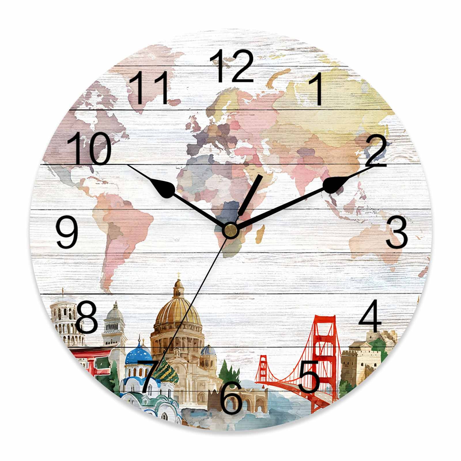 Wall Clock World Map Clocks PVC Silent Non-Ticking Battery Operated ...