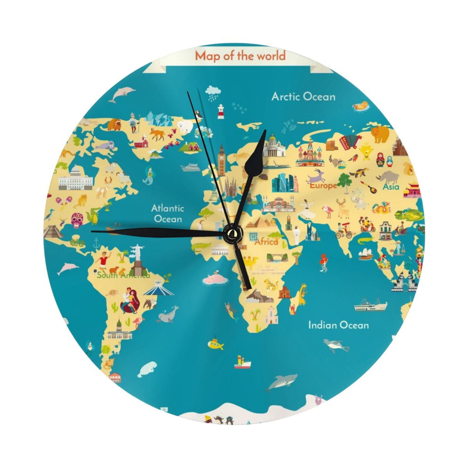 Wall Clock, World Map With Landmarks Wall Clocks Battery Operated ...