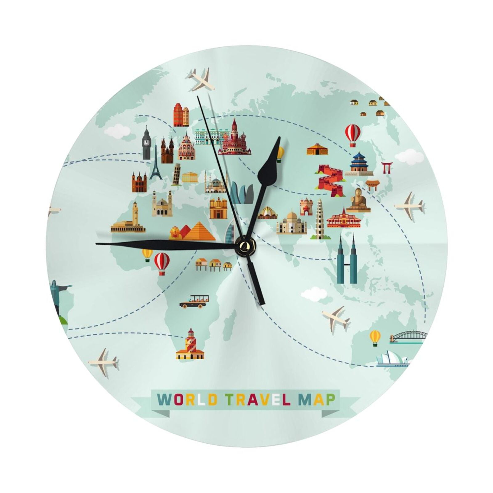 Wall Clock, World Travel Map Wall Clocks Battery Operated Silent ...