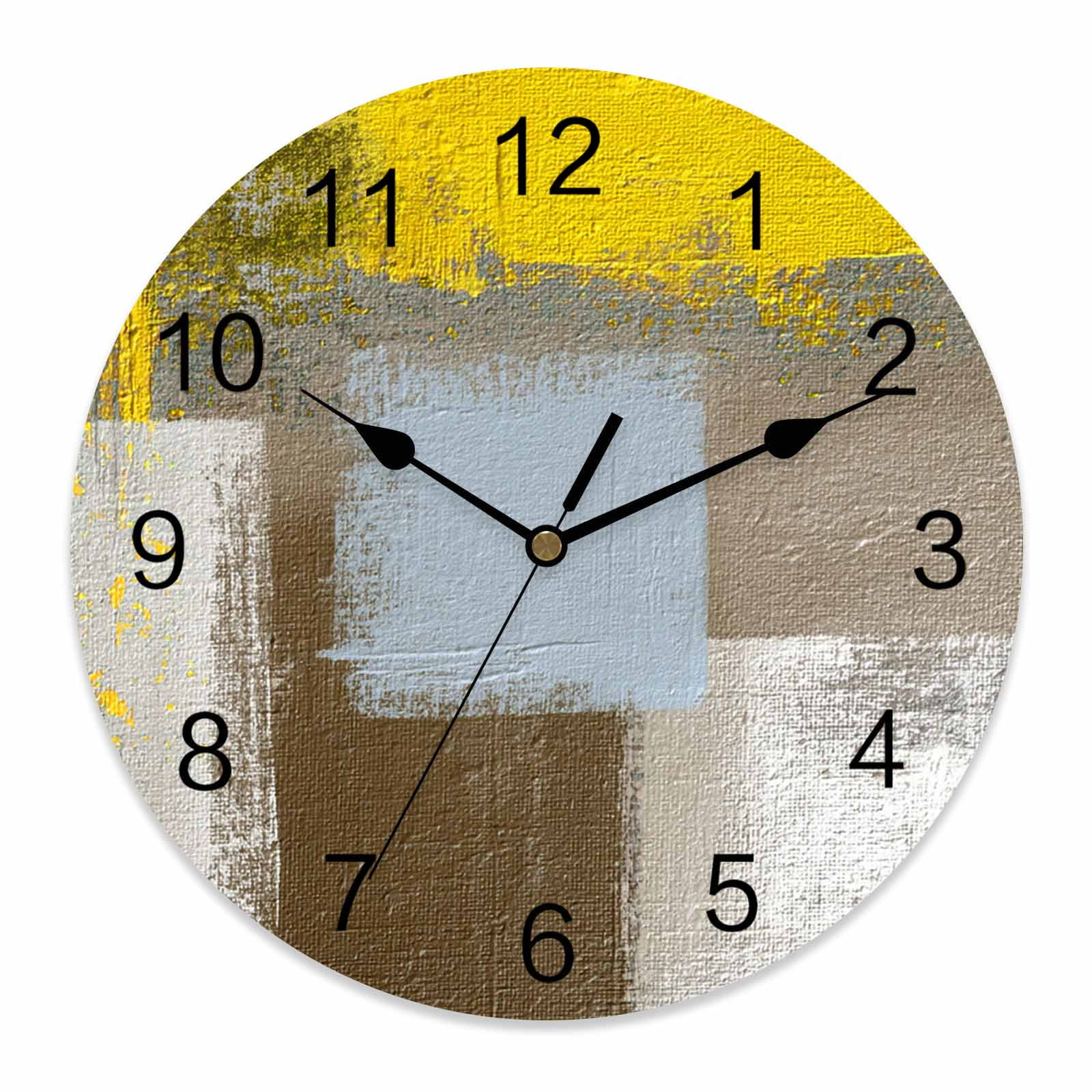 Wall Clock Yellow Brown Abstract Painting Clocks PVC Silent Non-Ticking ...