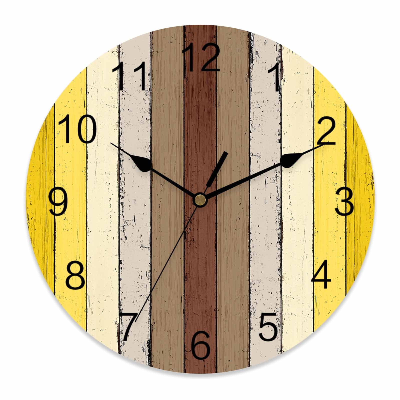 Wall Clock Yellow Brown Wood Grain Clocks PVC Silent Non-Ticking ...