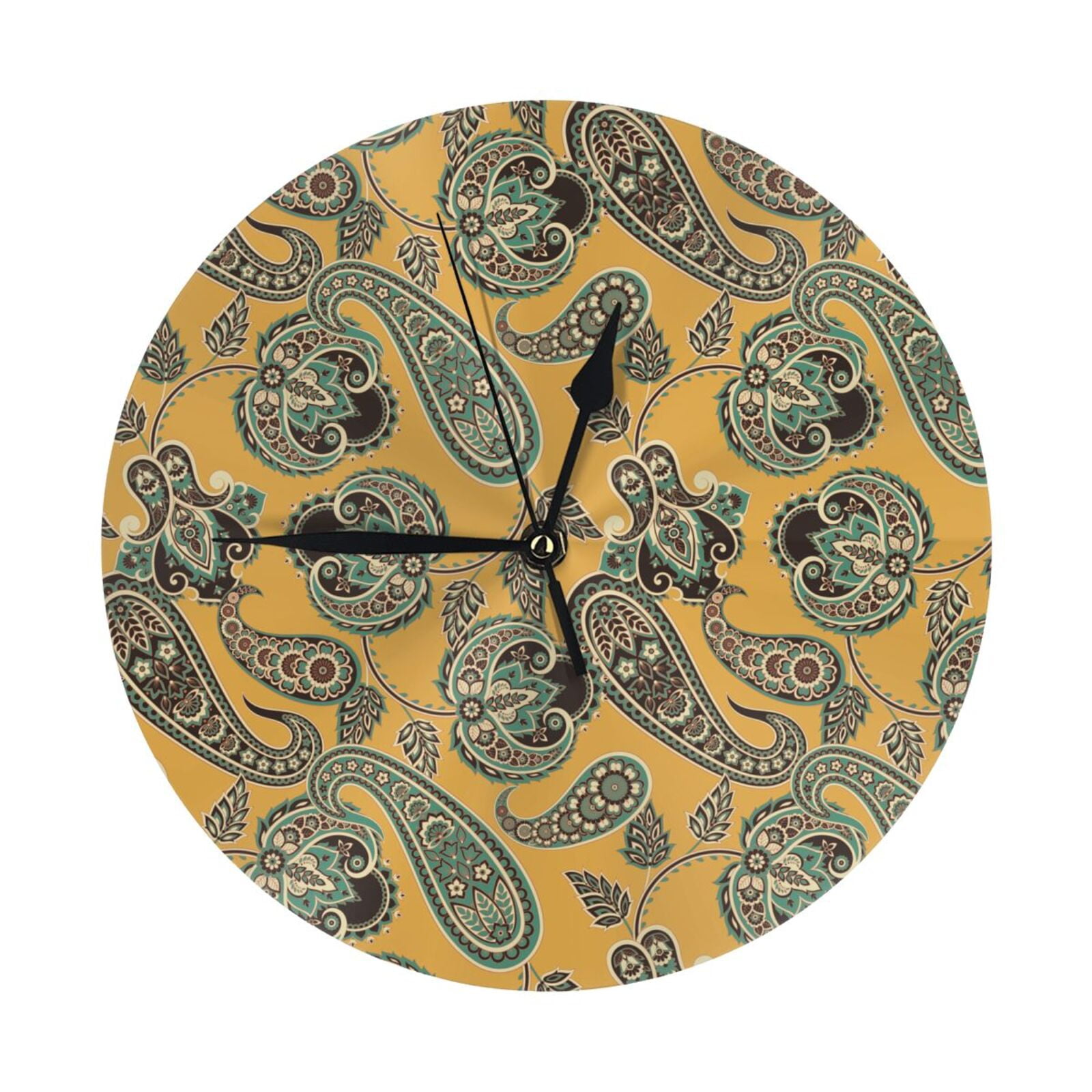 Wall Clock, Yellow Green Paisley Wall Clocks Battery Operated Silent ...