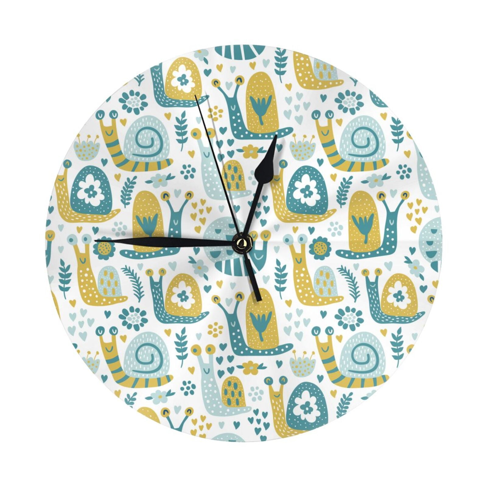 Wall Clock, Yellow Green Snail Flowers Wall Clocks Battery Operated ...