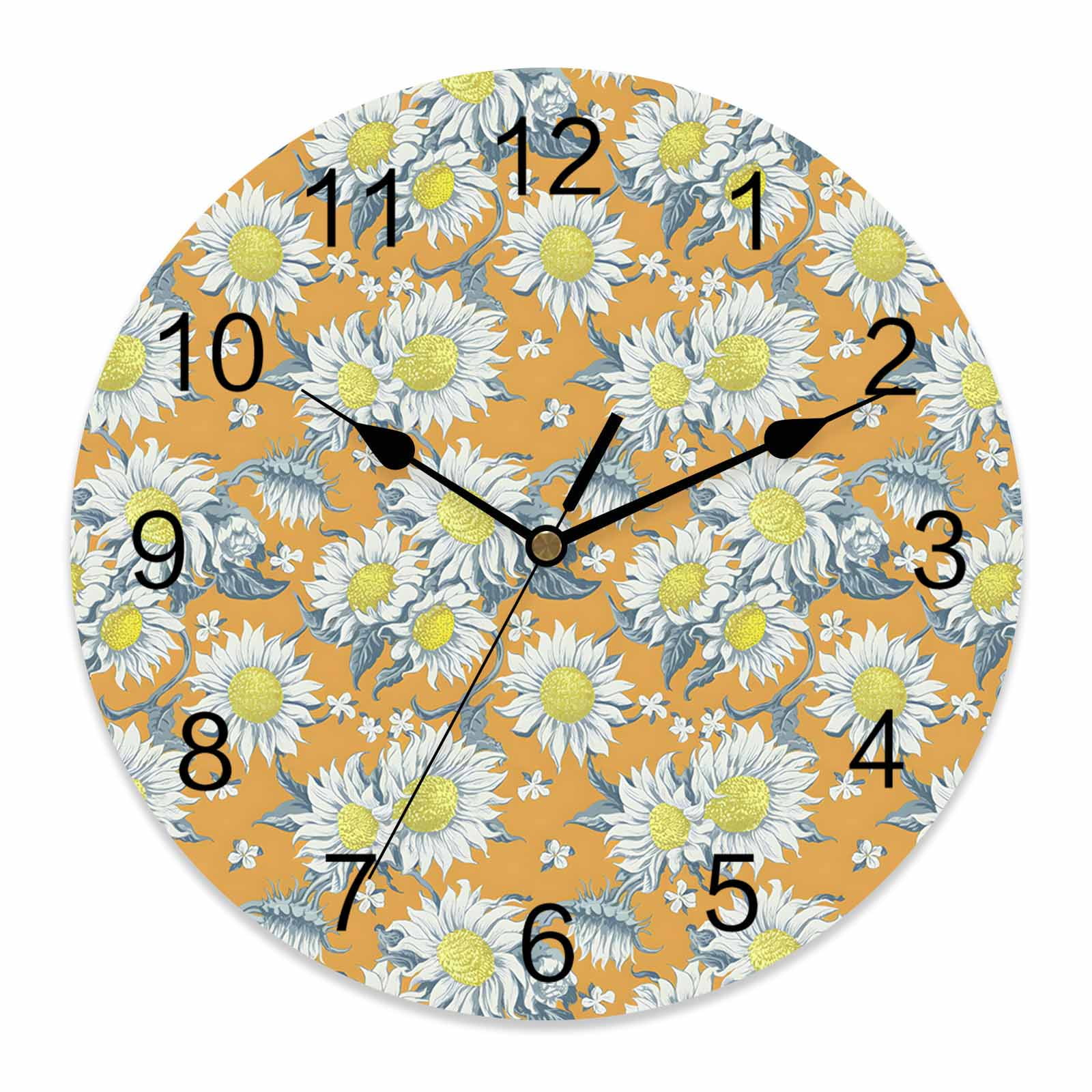 Wall Clock Yellow Sunflower Clocks PVC Silent Non-Ticking Battery ...