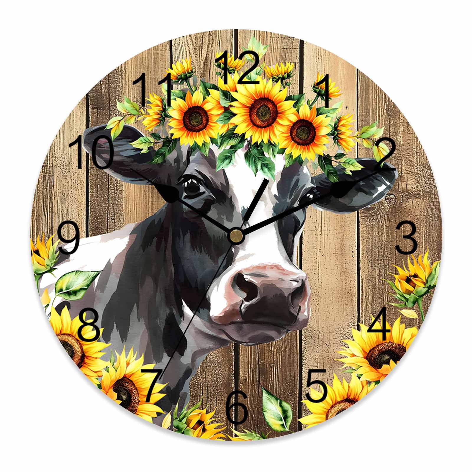 Wall Clock Yellow Sunflower Cow Clocks PVC Silent Non-Ticking Battery ...