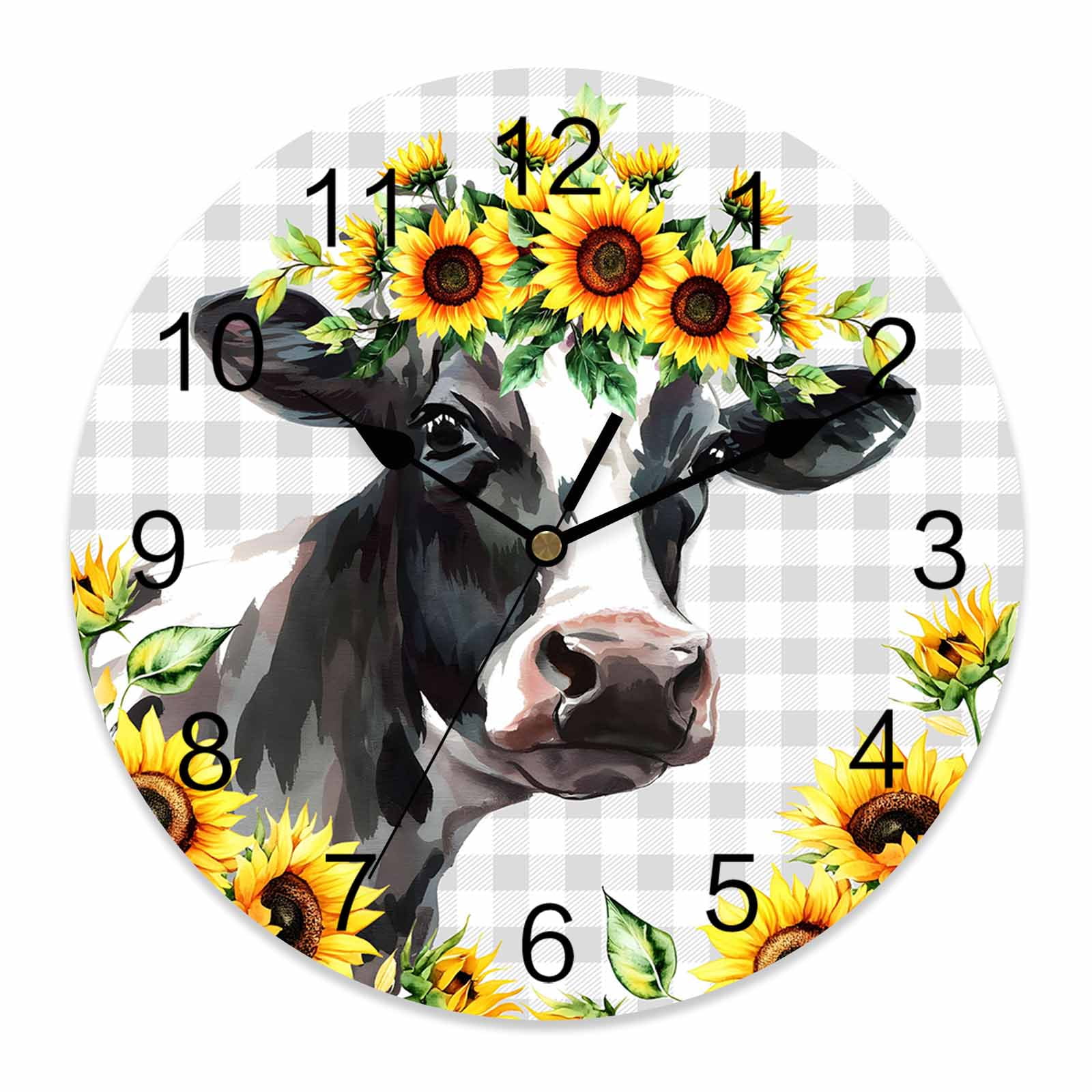 Wall Clock Yellow Sunflower Cow Clocks PVC Silent Non-Ticking Battery ...