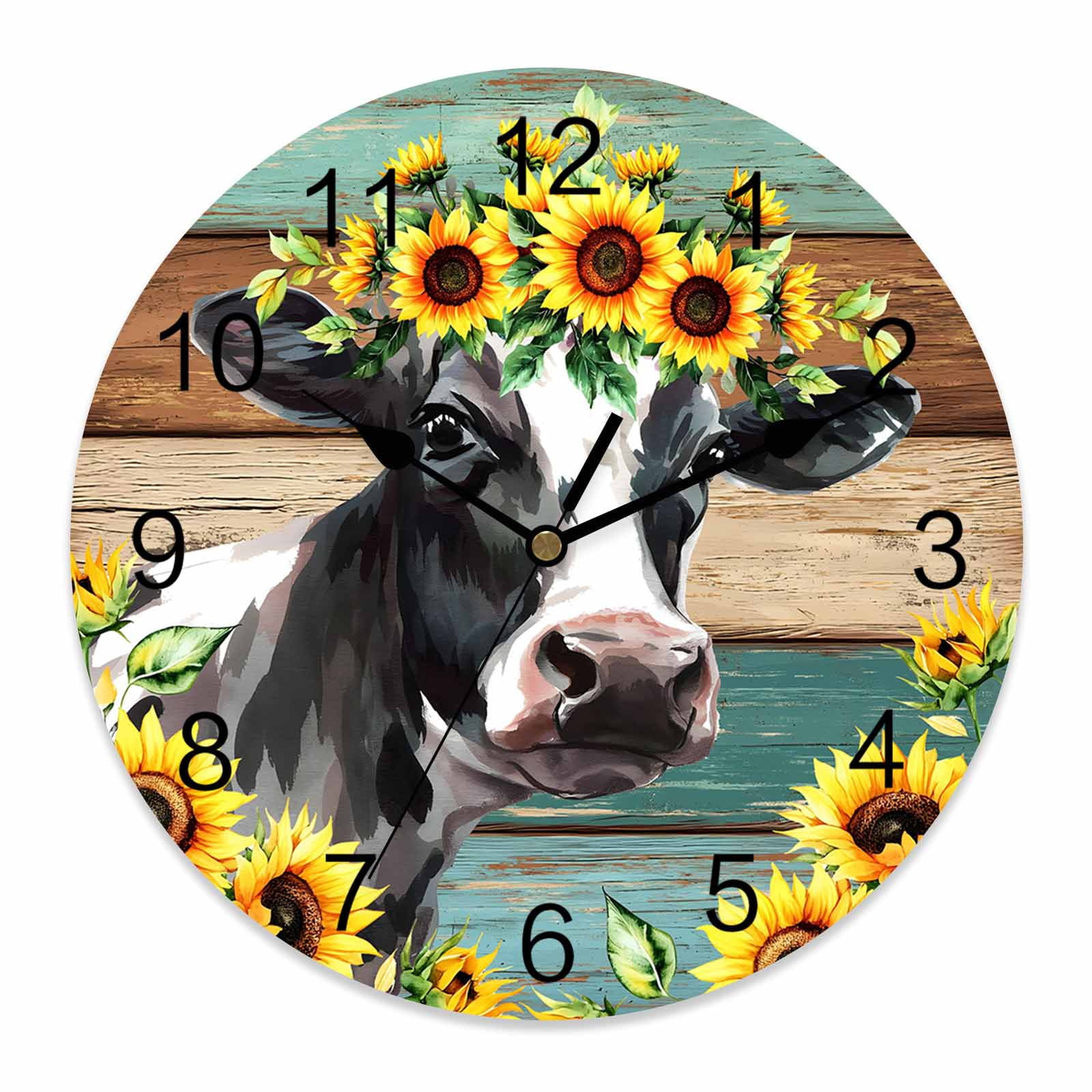 Wall Clock Yellow Sunflower Cow Clocks PVC Silent Non-Ticking Battery ...