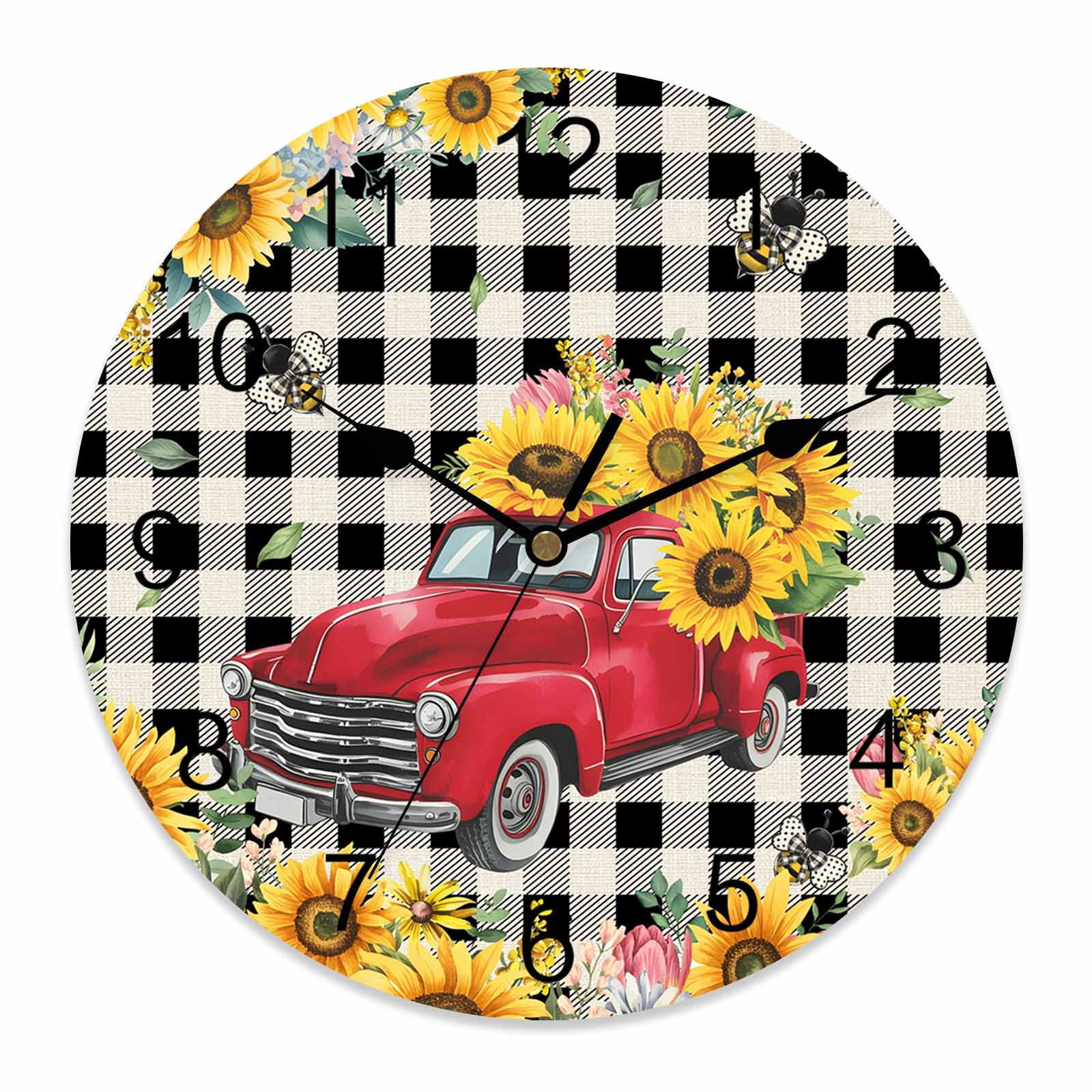 Wall Clock Yellow Sunflower Truck Clocks PVC Silent Non-Ticking Battery ...