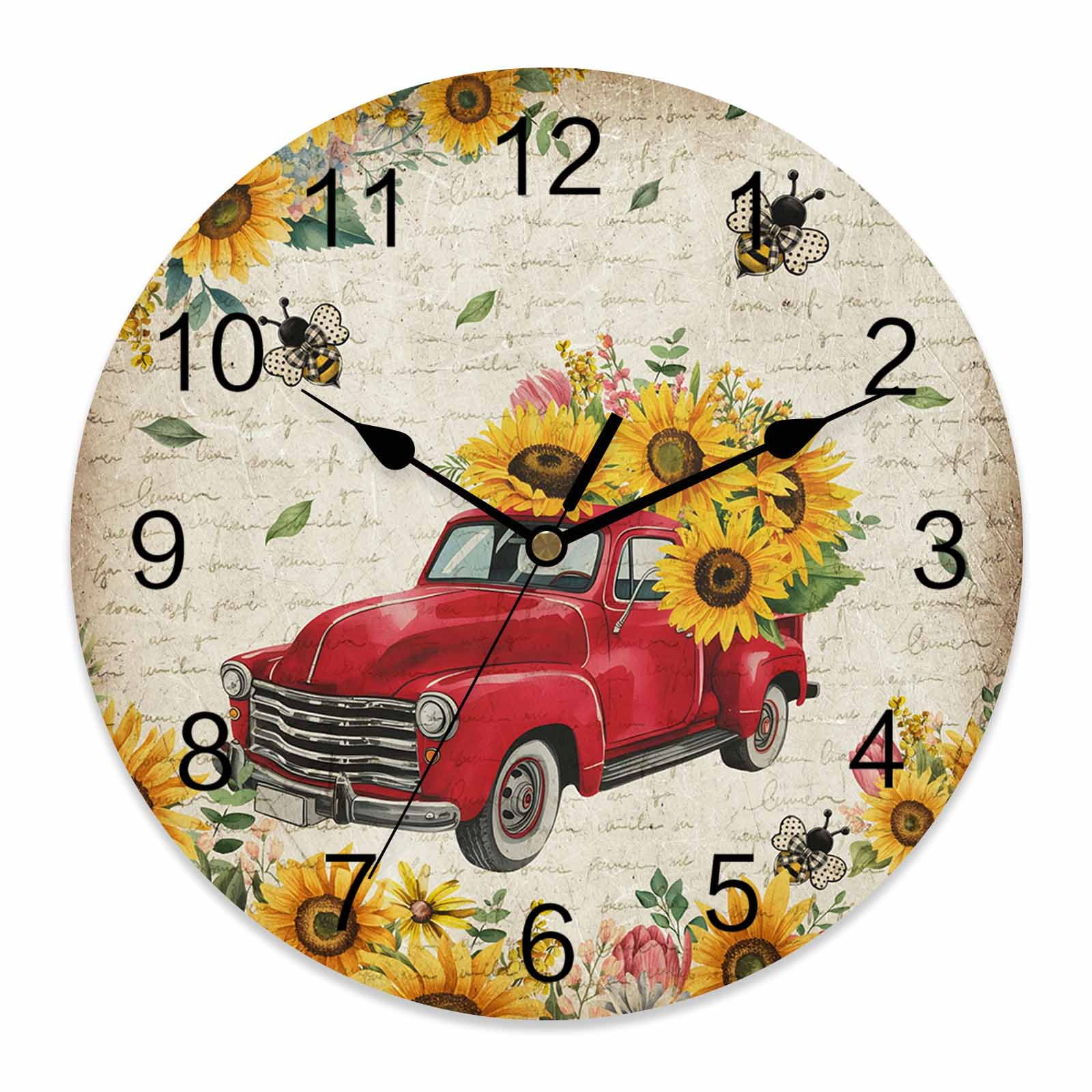 Wall Clock Yellow Sunflower Truck Clocks PVC Silent Non-Ticking Battery ...
