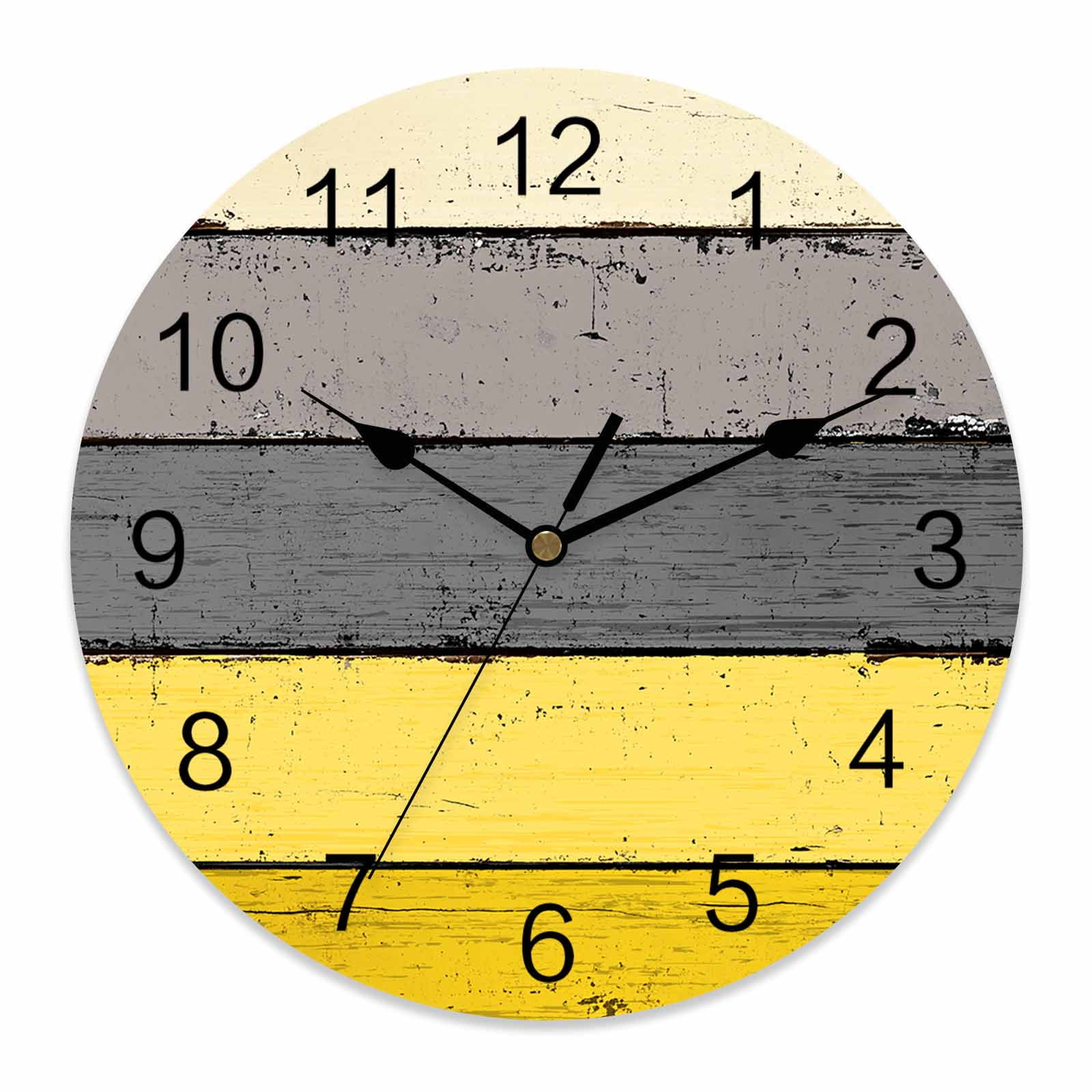 Wall Clock Yellow Wood Grain Clocks PVC Silent Non-Ticking Battery ...