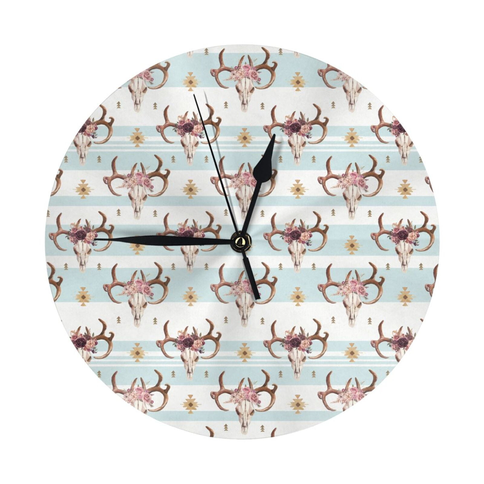 Wall Clock, boho floral deer skull Indian Wall Clocks Battery Operated ...