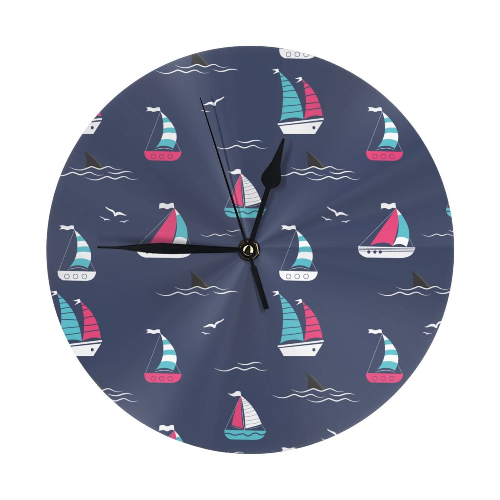 Wall Clock - cartoon boat shark fins blue 9.8 Inch Silent Non Ticking ...