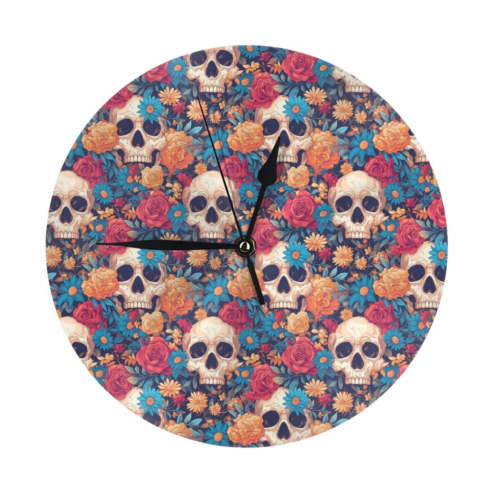Wall Clock, colorful Skull rose Wall Clocks Battery Operated Silent ...