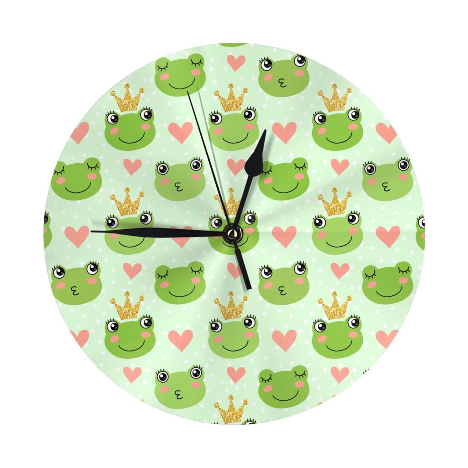Wall Clock, cute frogs crowns dots heart green Wall Clocks Battery ...