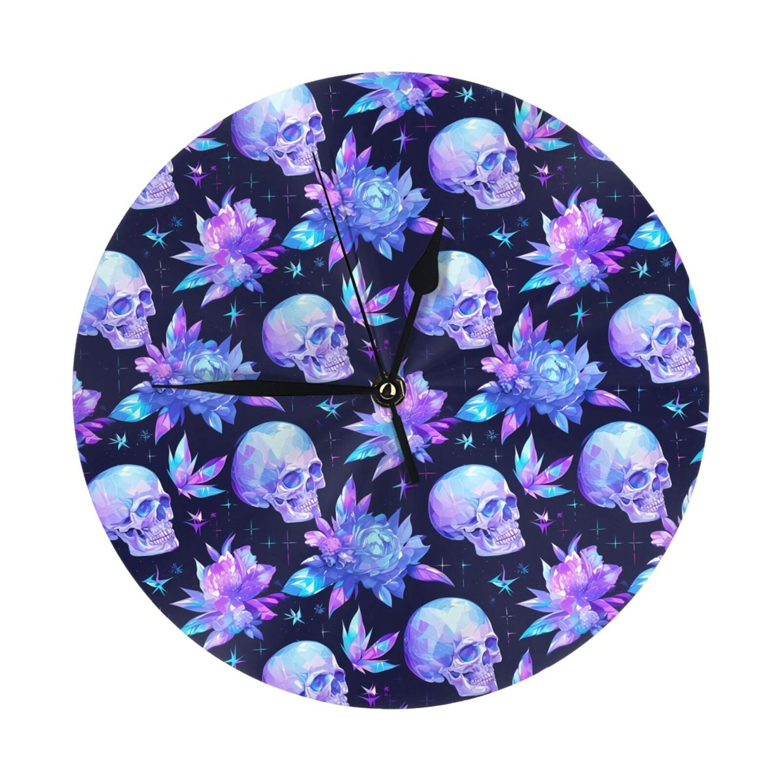 Wall Clock, flower starry sky Skull Wall Clocks Battery Operated Silent ...