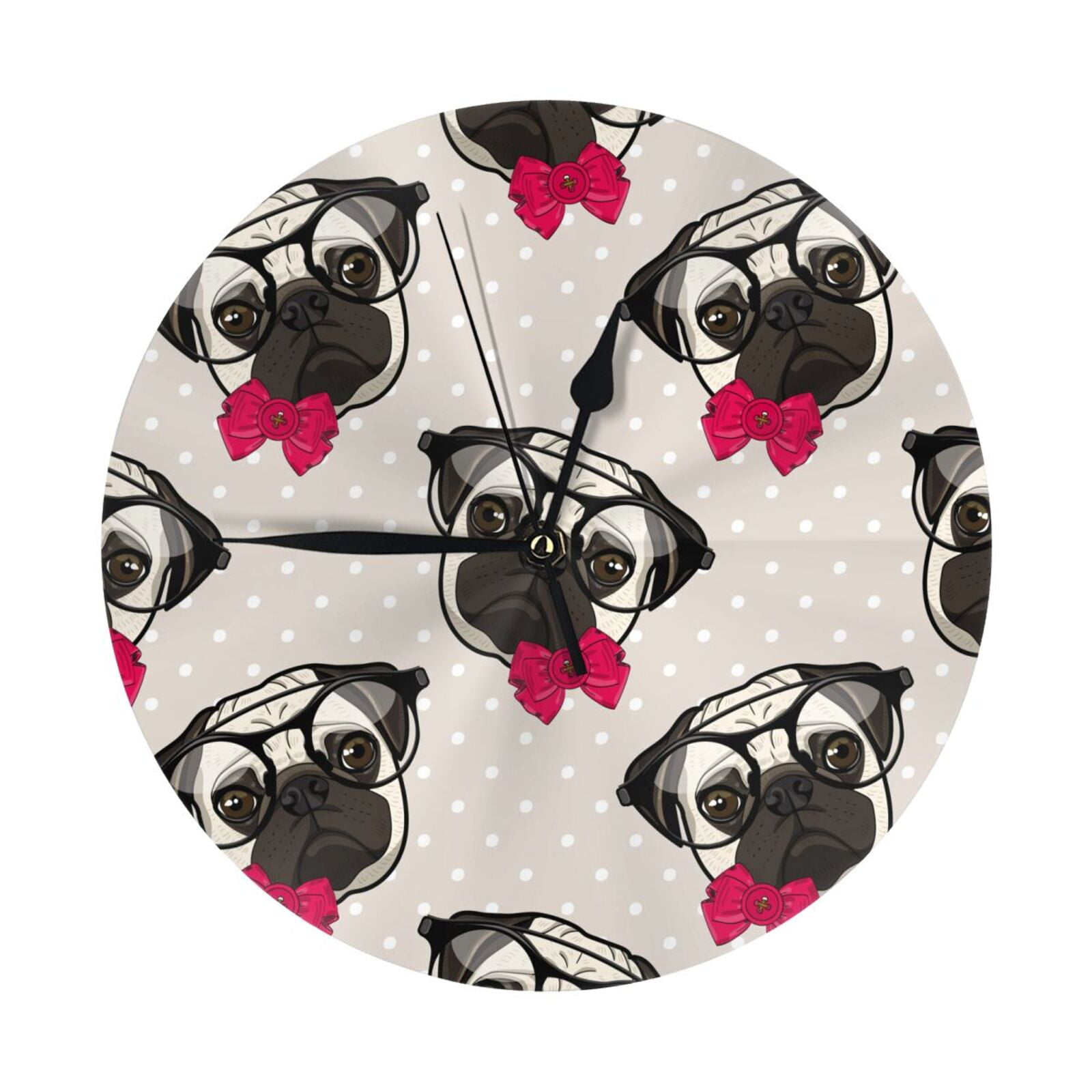 Wall Clock, funny dog Pug red bow glasses Wall Clocks Battery Operated ...