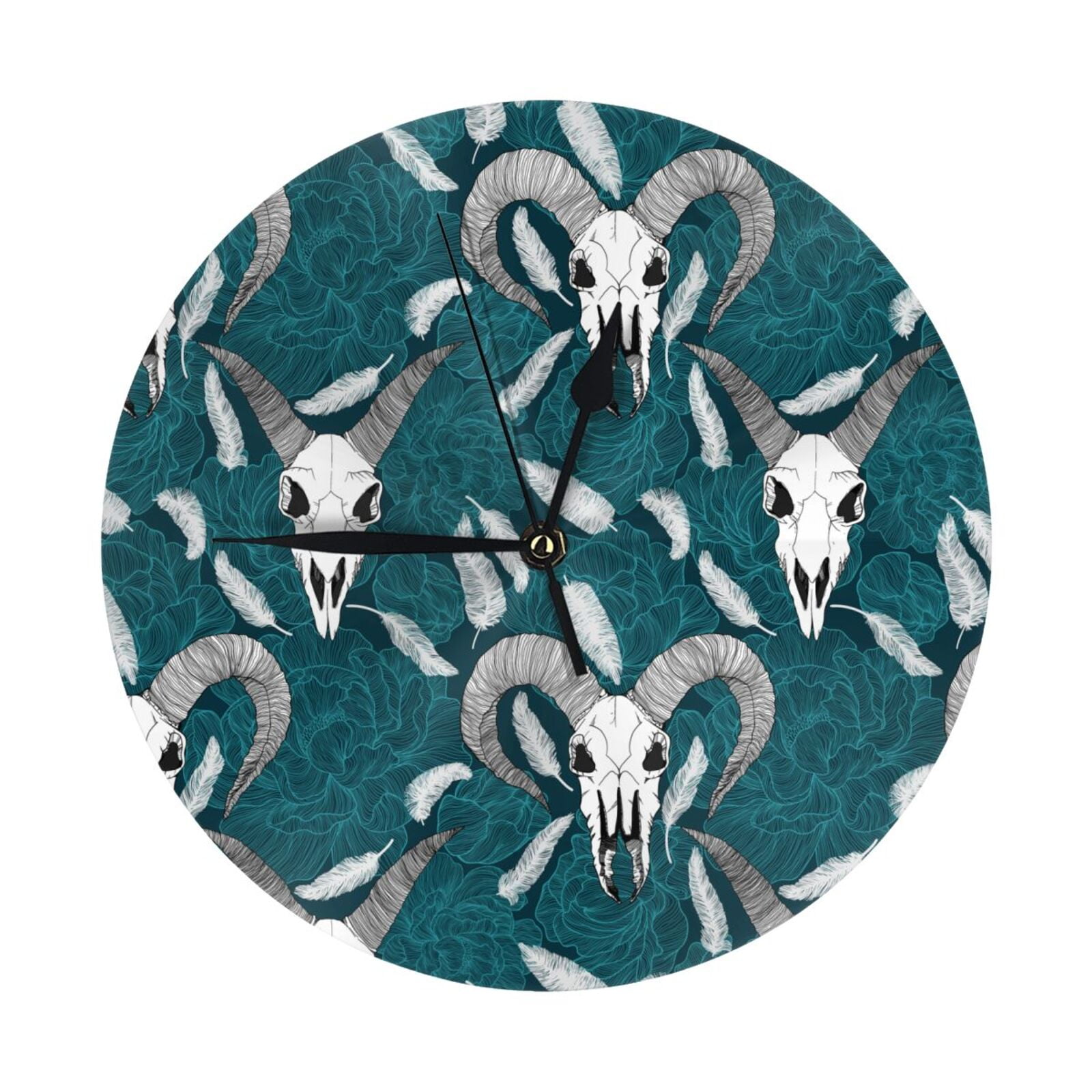 Wall Clock, goat skull sketch style feathers Wall Clocks Battery ...