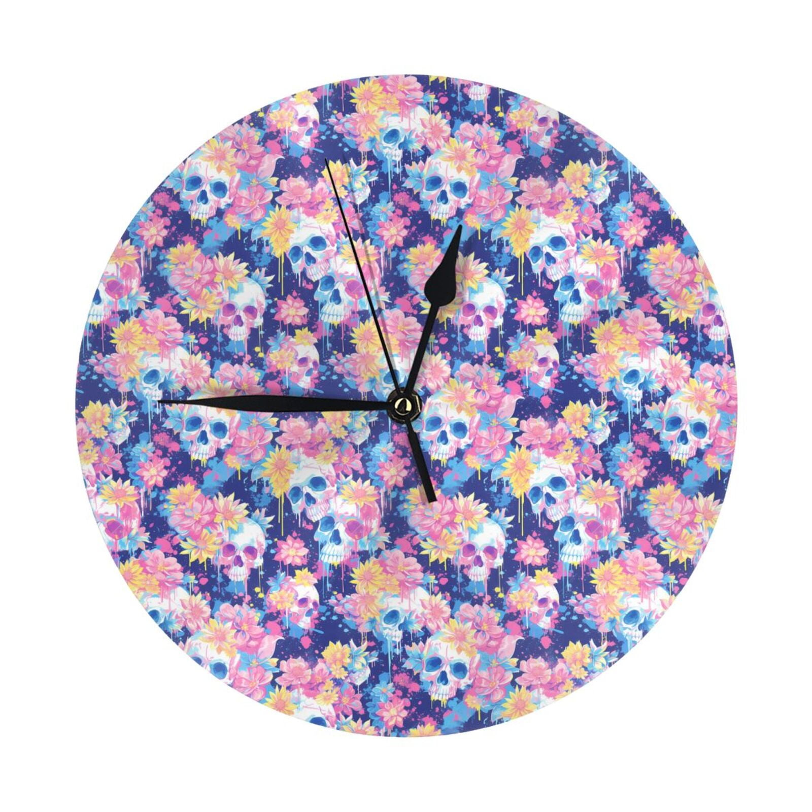 Wall Clock, graffiti style Skull flower Wall Clocks Battery Operated ...