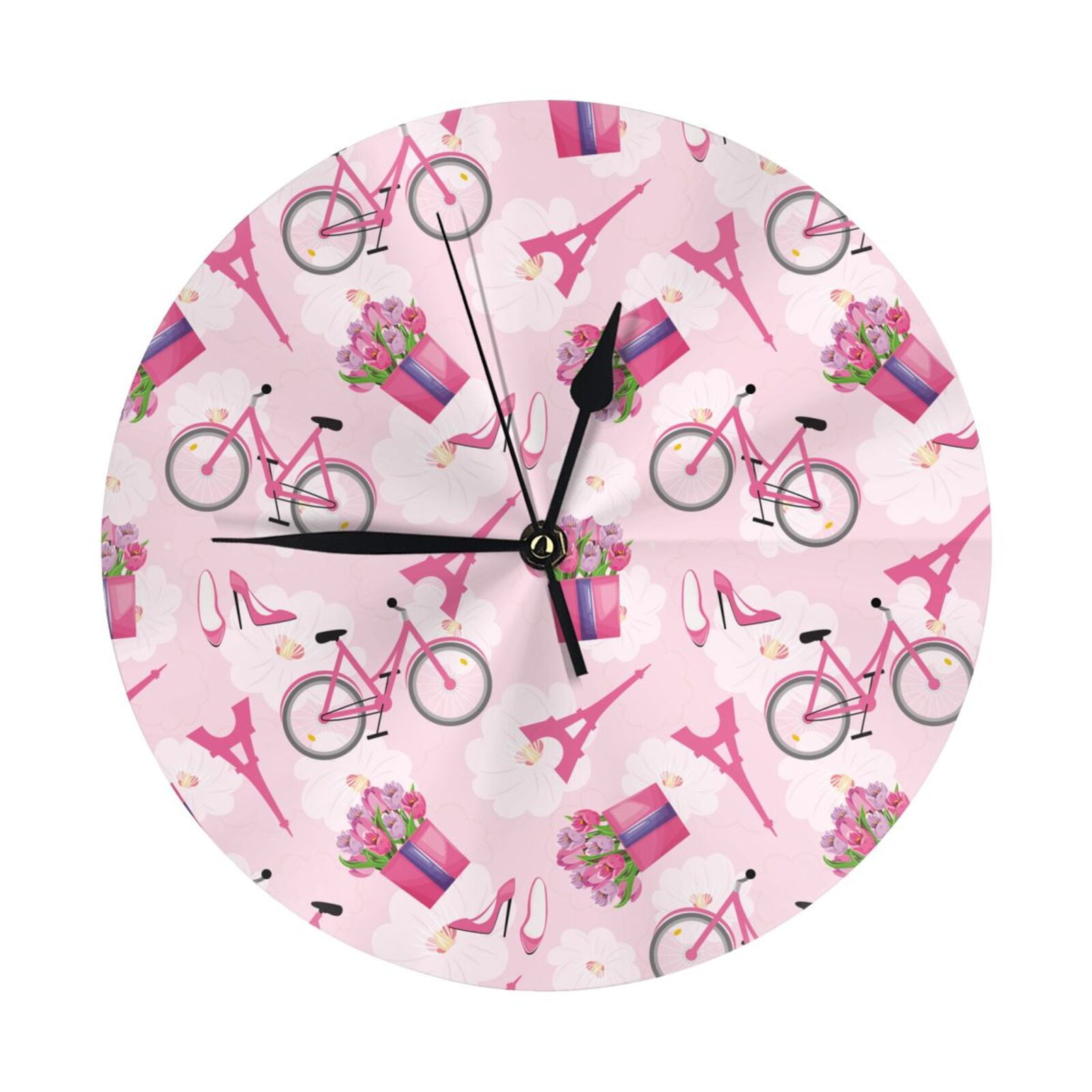 Wall Clock, pink bike Romantic Wall Clocks Battery Operated Silent ...