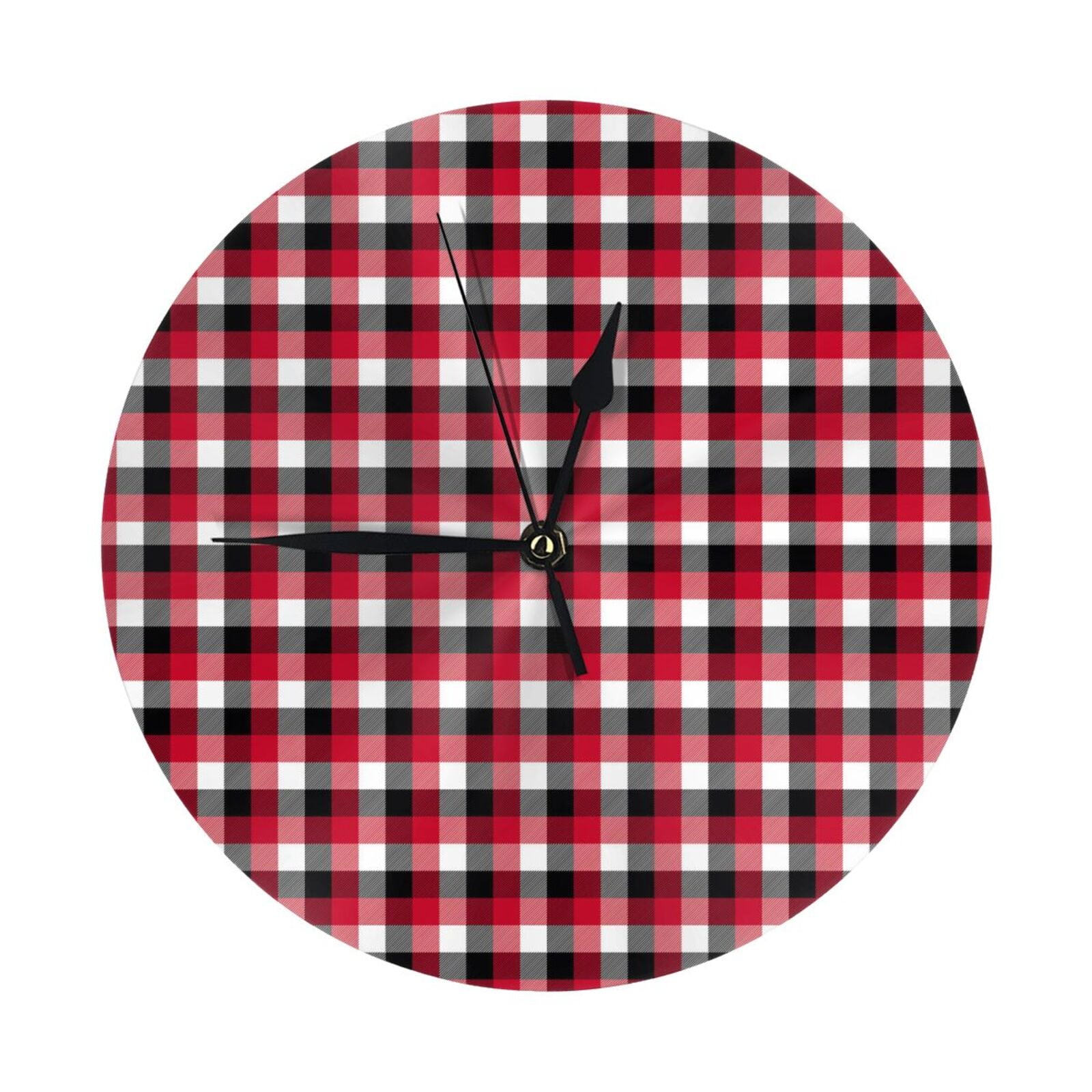 Wall Clock, red black buffalo plaid Wall Clocks Battery Operated Silent ...
