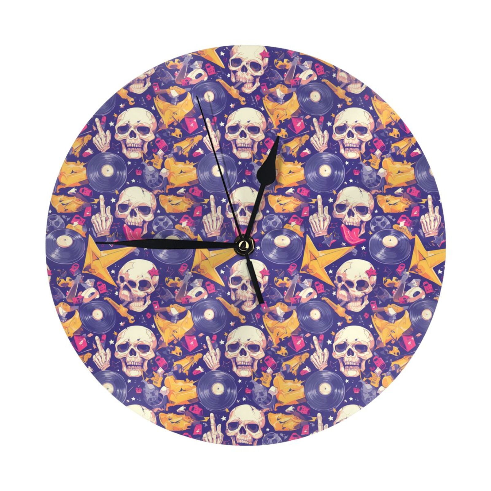 Wall Clock, rock Skull record Wall Clocks Battery Operated Silent ...