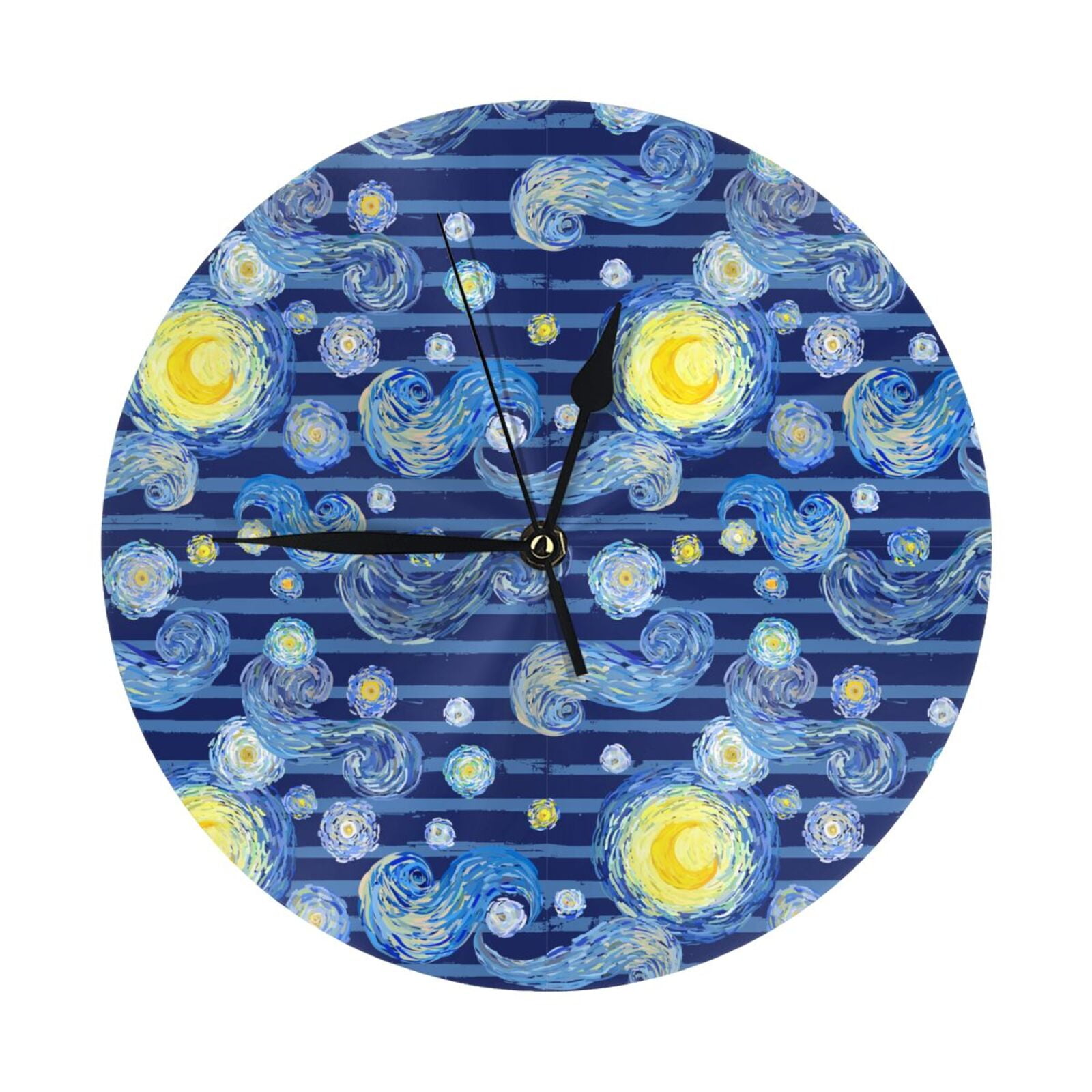 Wall Clock, starry blue sky yellow moon striped Wall Clocks Battery ...