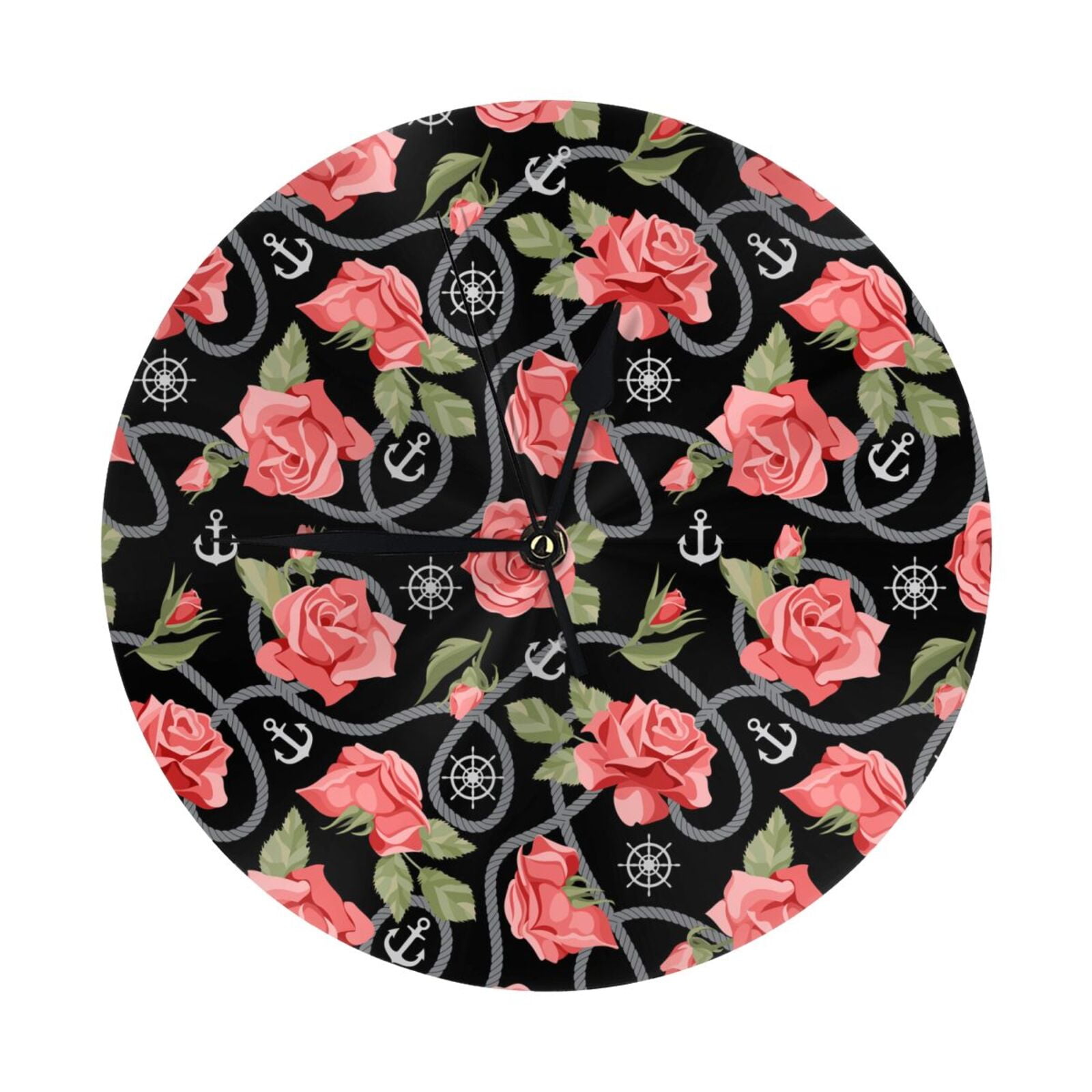 Wall Clock - trendy red roses anchor black 9.8 Inch Silent Non Ticking ...