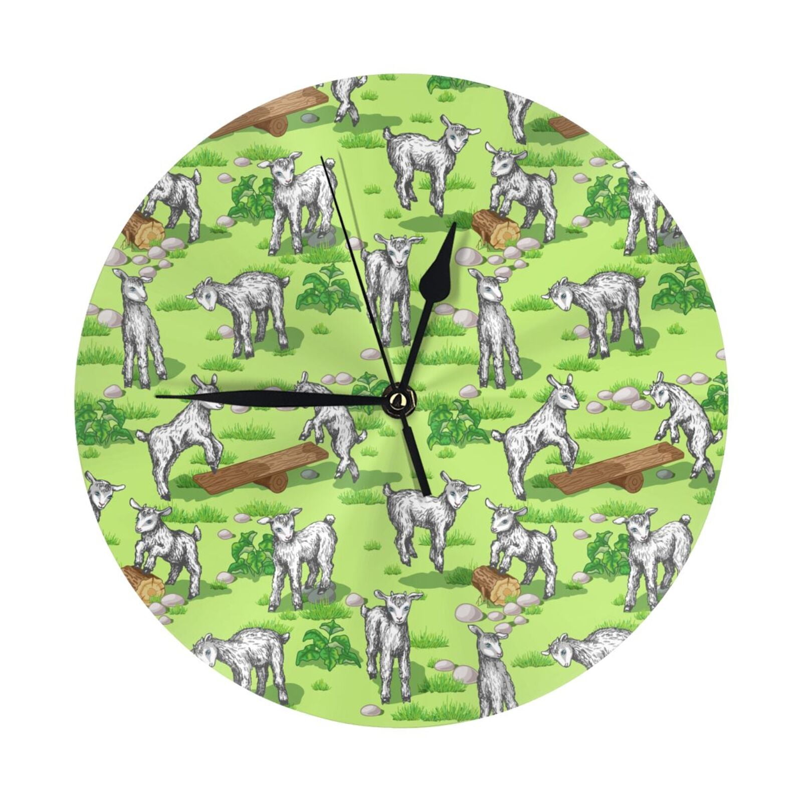 Wall Clocks Battery Operated, Cartoon Cute Goat In Meadow 9.8 Inch ...