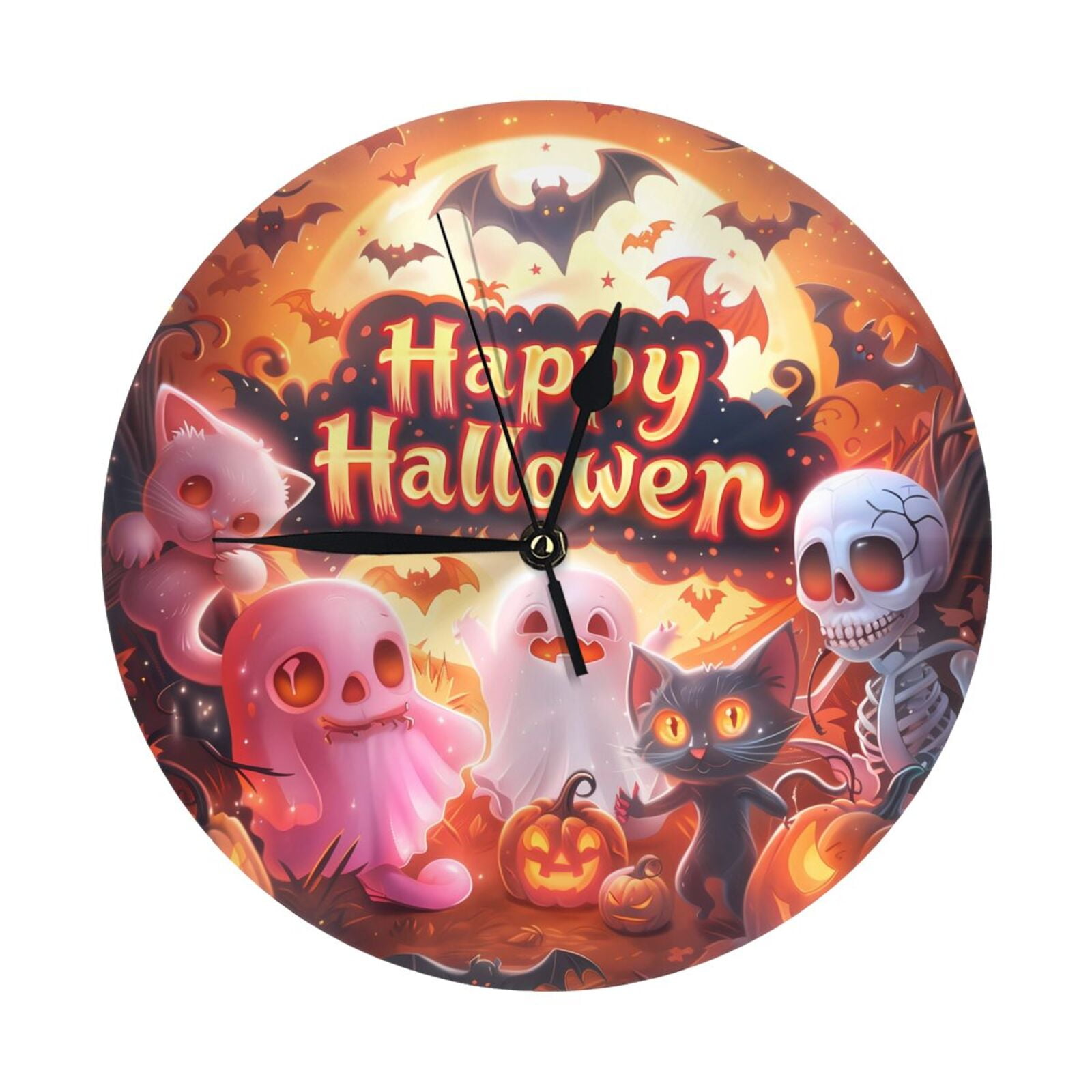 Wall Clocks Battery Operated, Halloween Happy Cute Ghost Skeleton 9.8 ...