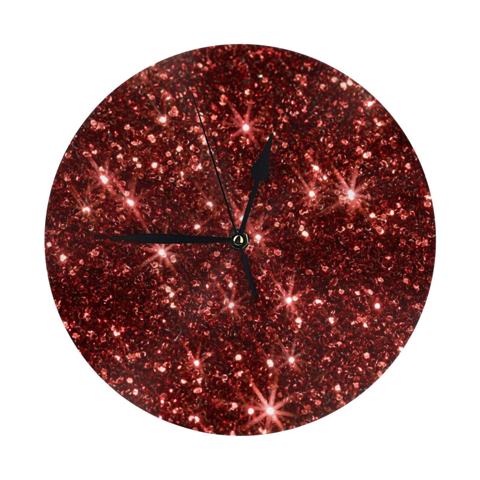 Wall Clocks Battery Operated, Red Glitter Texture 9.8 Inch Silent Non ...