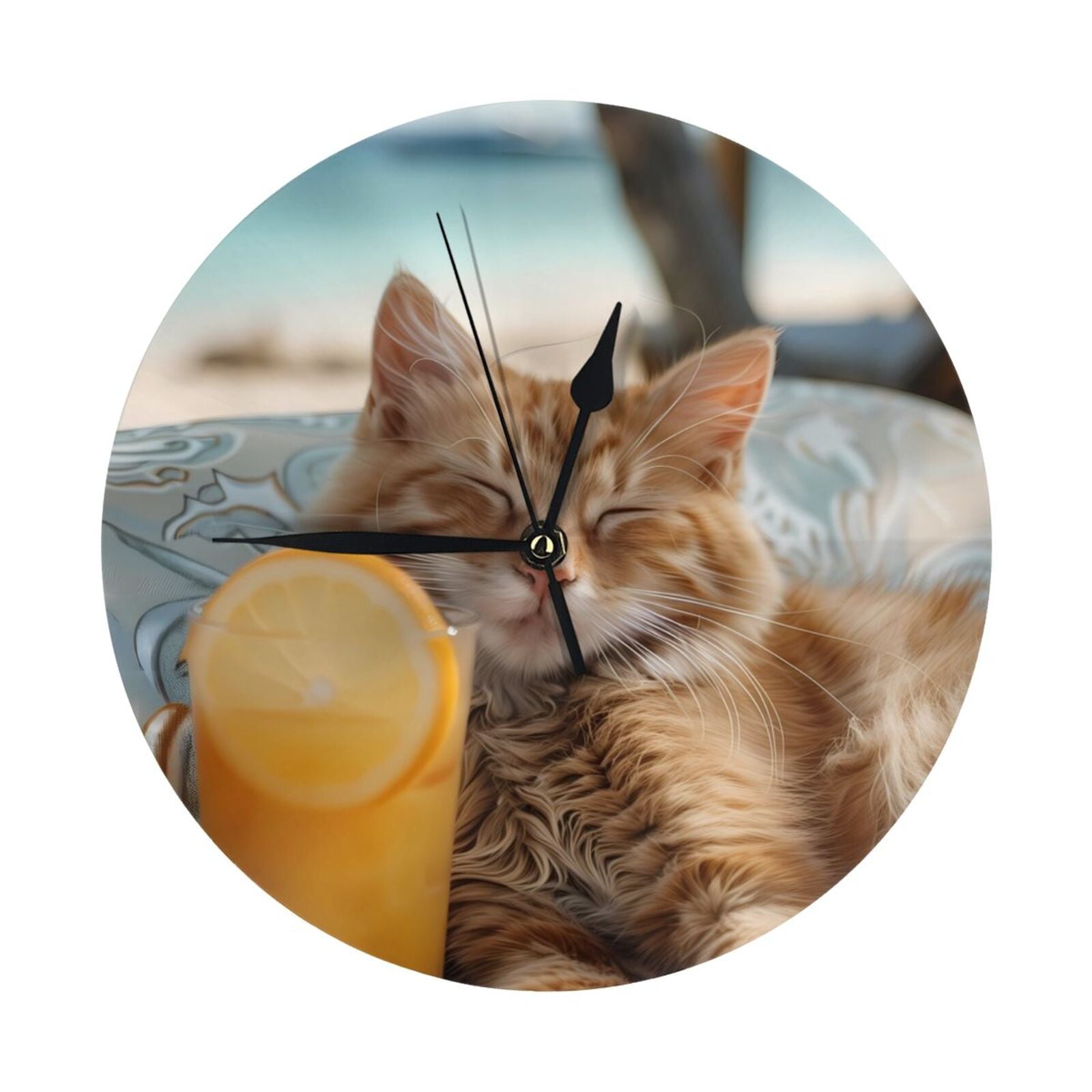 Wall Clocks Battery Operated, Relaxing Cat With Orange Juice 9.8 Inch ...