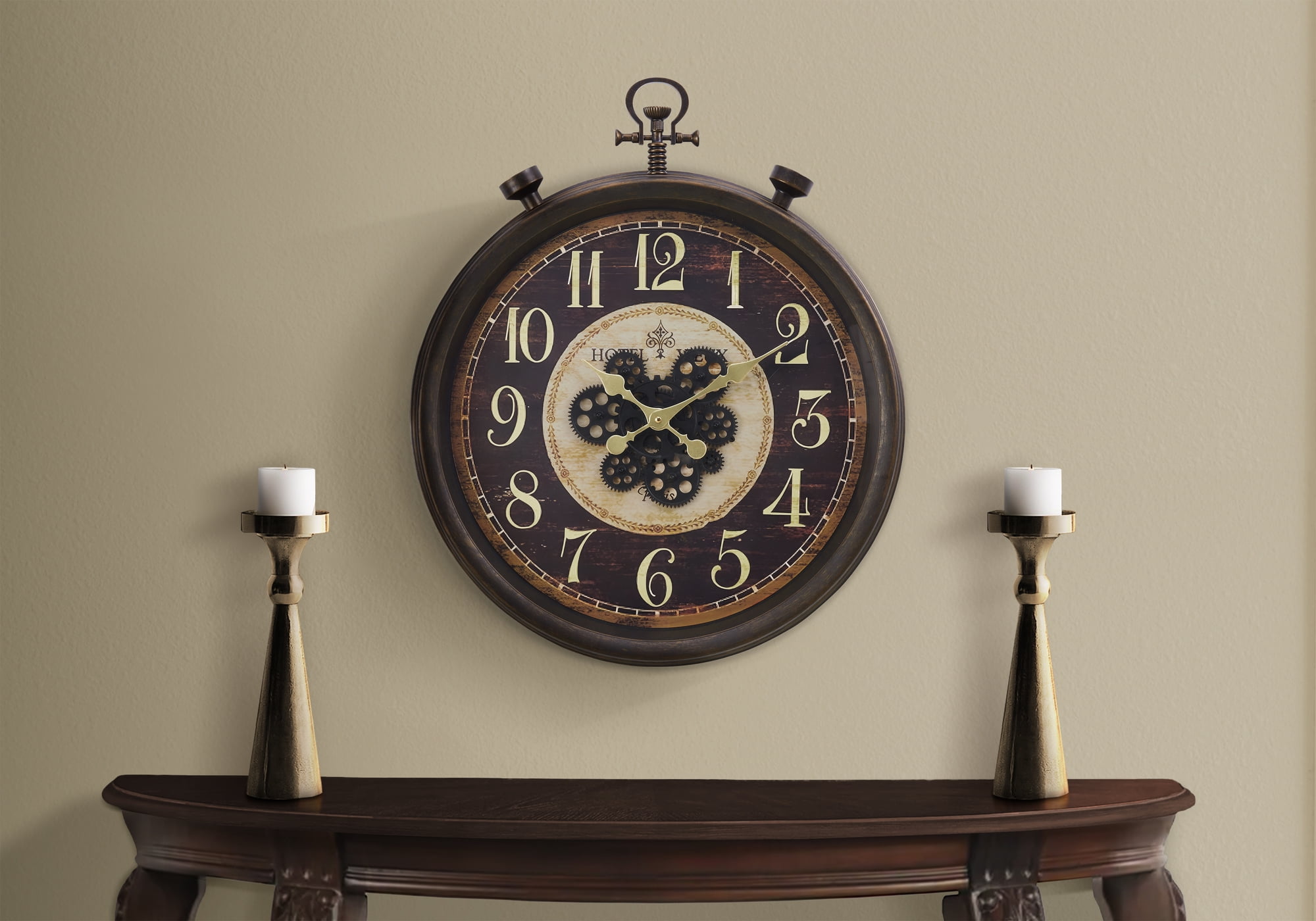 Wall Clocks Clocks, 24" Round, Gear Mechanism, Wall Clock, Brown ...