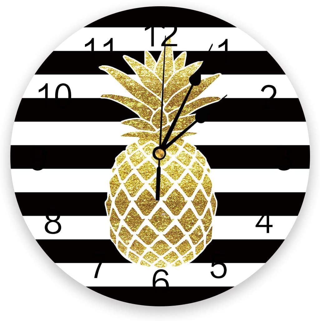 Wall Clocks Non Ticking Yellow Fruit Pineapple with Black and White ...