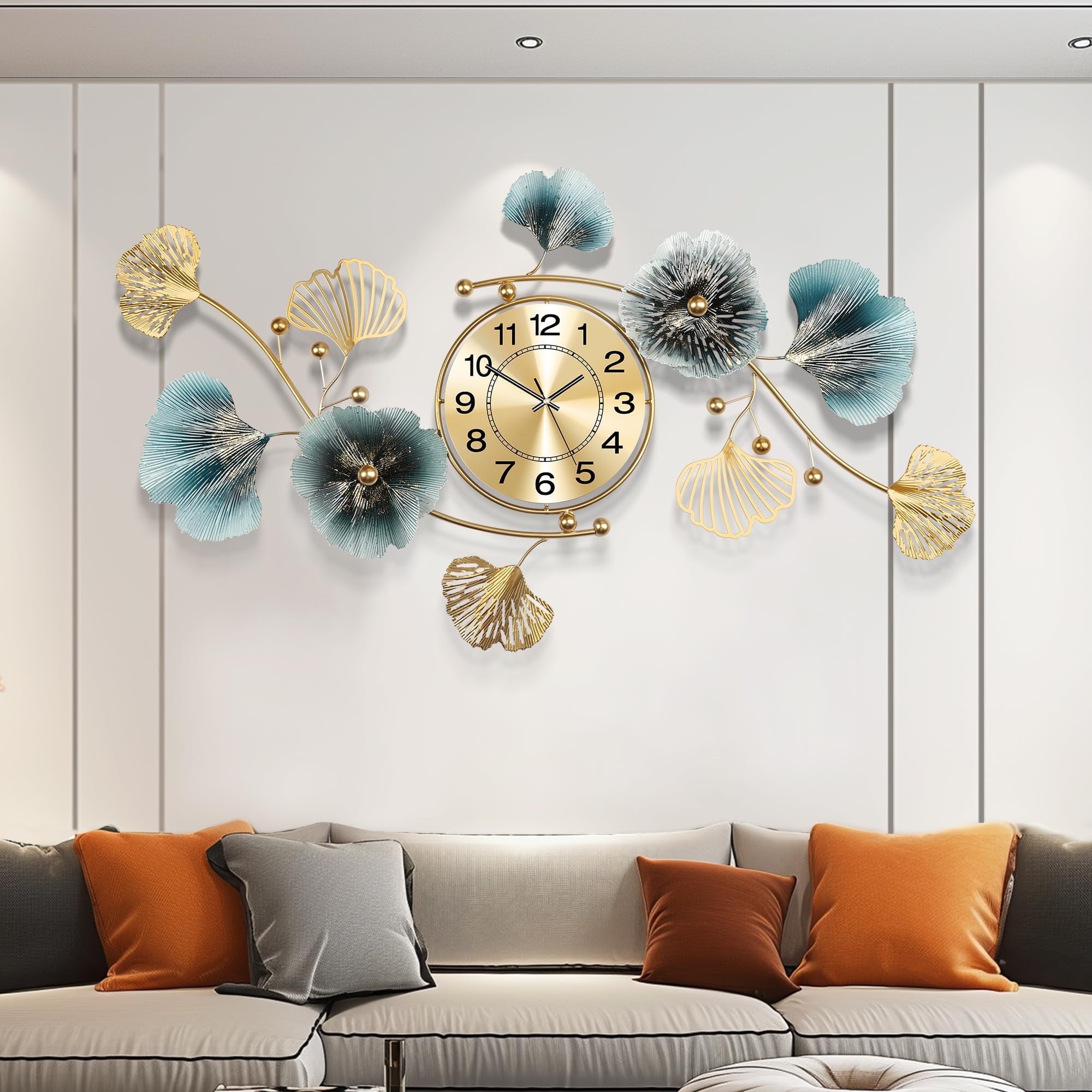 36"Large Wall Clock – 3D Metal Ginkgo Leaf Decorative Wall Clock, Non ...